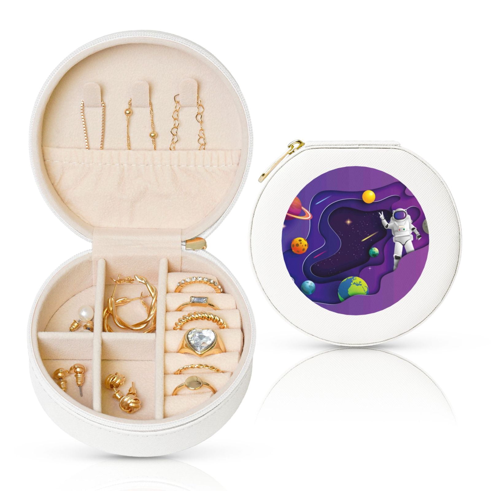 Fuzoiu Astronaut Print Portable Jewelry Box,Round Mini Leather Travel ...