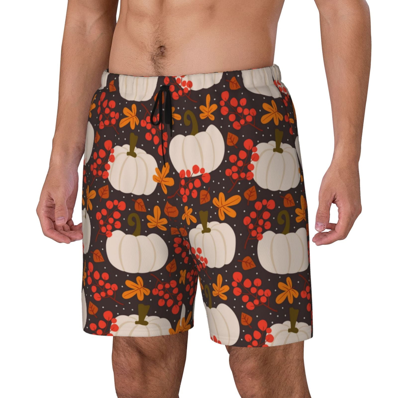 Fuzoiu Autumn White Pumpkin Print Men's Swim Shorts,Quick-Dry Double ...