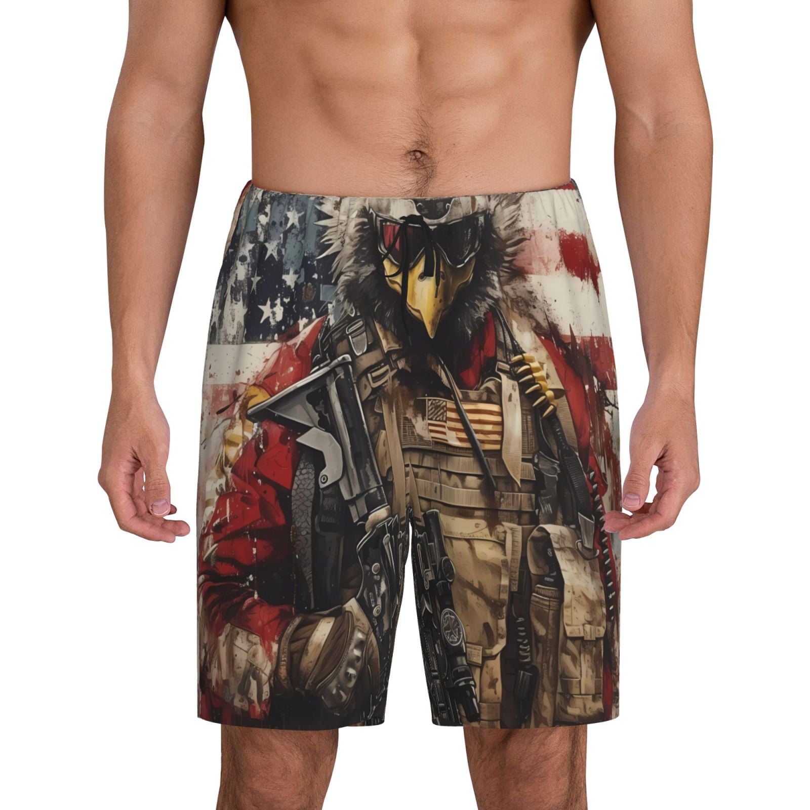 Fuzoiu Bald Eagle Soldier Print Pajama Shorts for Men, Men's Pajama ...