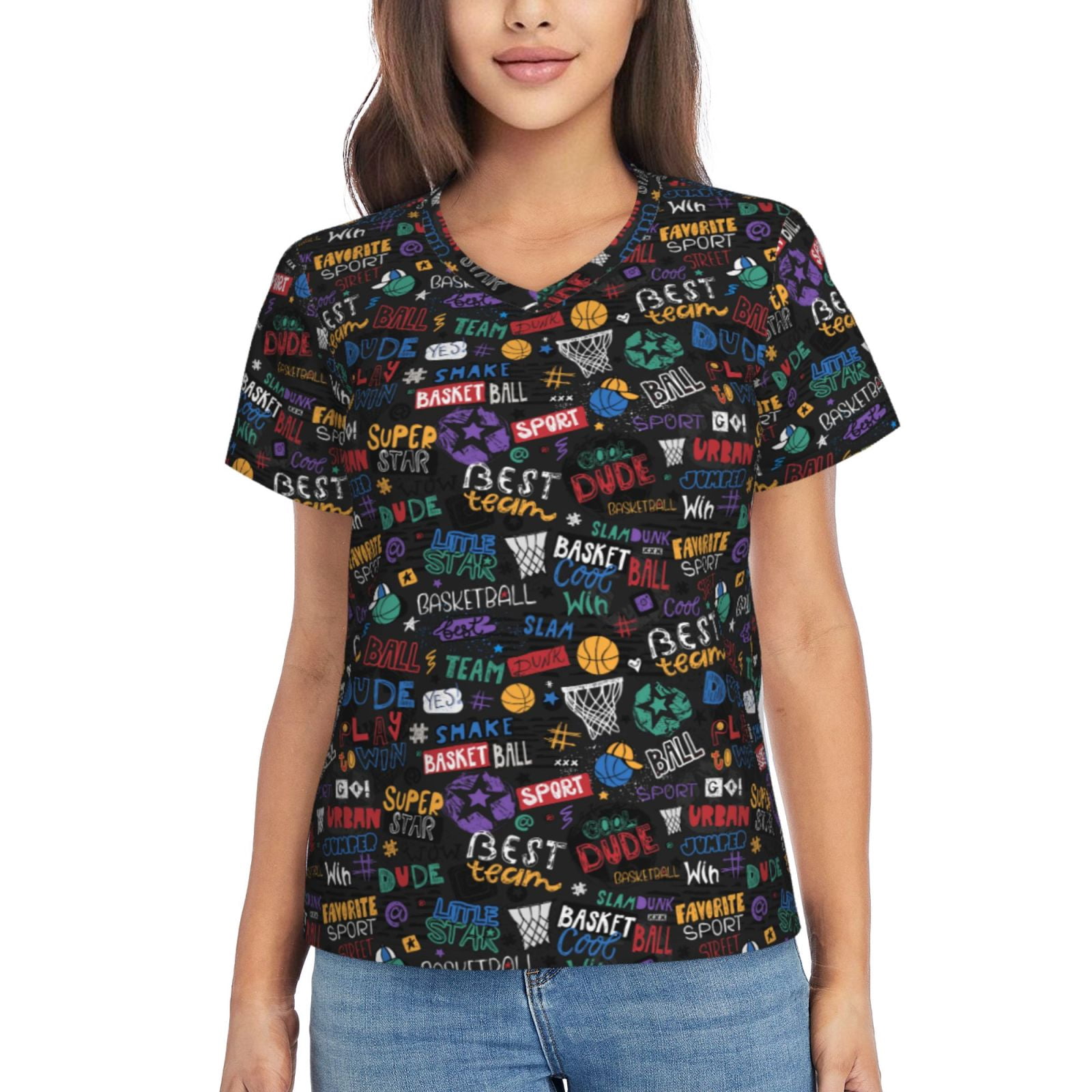 Fuzoiu Basketball Print Women's Classic V-Neck T-Shirt, Short Sleeve V ...