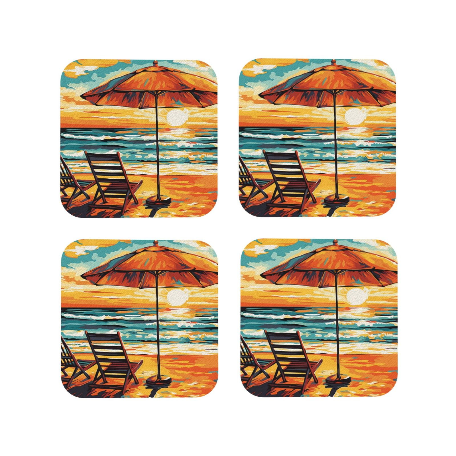 Fuzoiu Beach Umbrella Sunset Print Leather Coasters Set,Drink Coasters ...