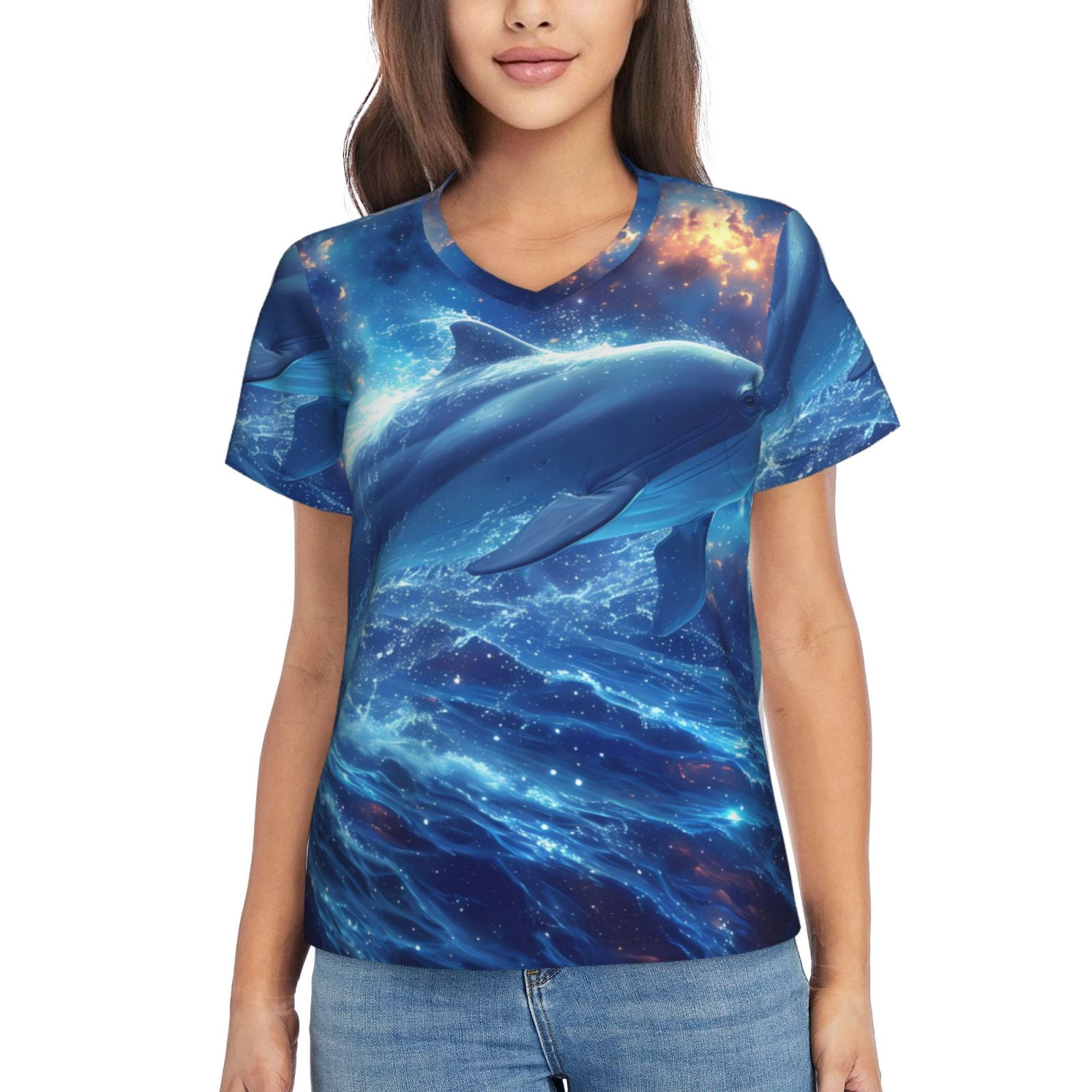 Fuzoiu Beautiful Ocean Dolphin Print Women's Classic V-Neck T-Shirt ...