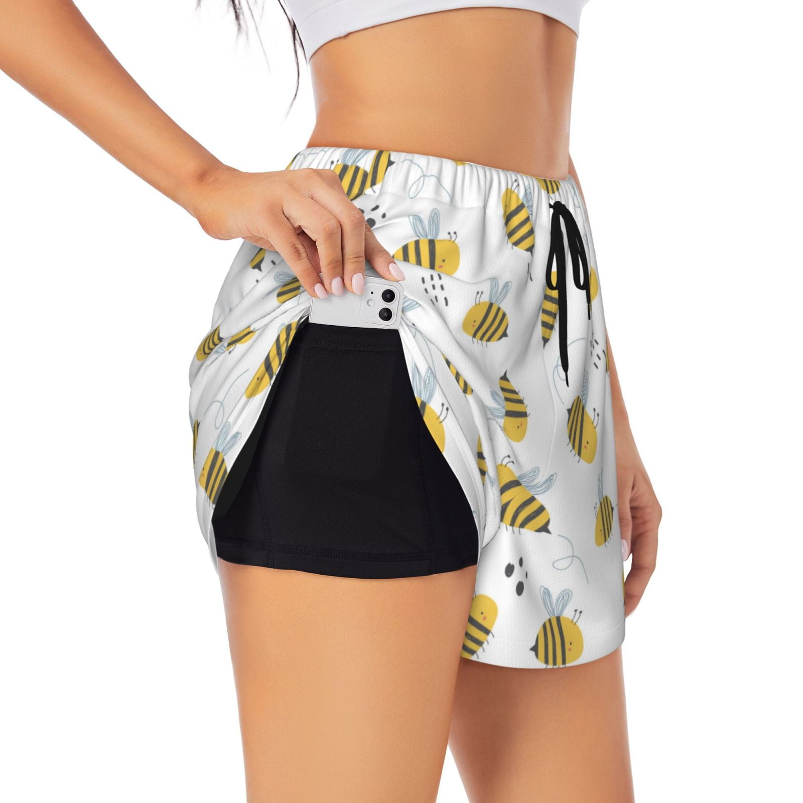 Fuzoiu Bee Print Women's Athletic Shorts, Double-Layer Running Shorts ...