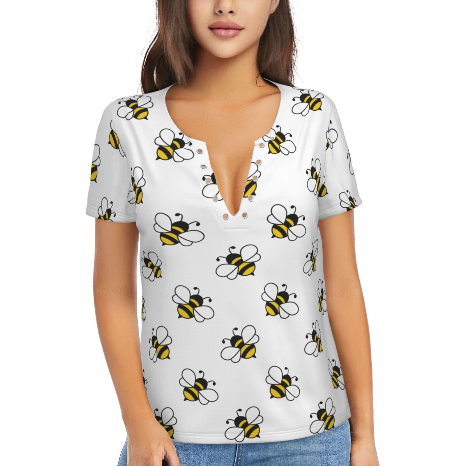 Fuzoiu Bee Print Women's V-Neck T-Shirt,Women's Short Sleeve Top ...