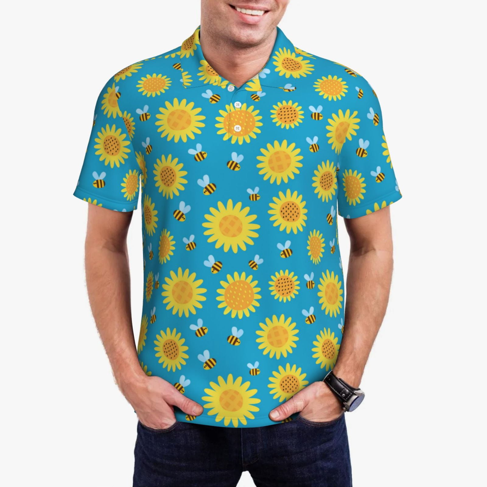 Fuzoiu Bee Sunflower Print Men's Polo Shirts Short Sleeve,Golf Shirts for Men,Mens Golf Shirt ...