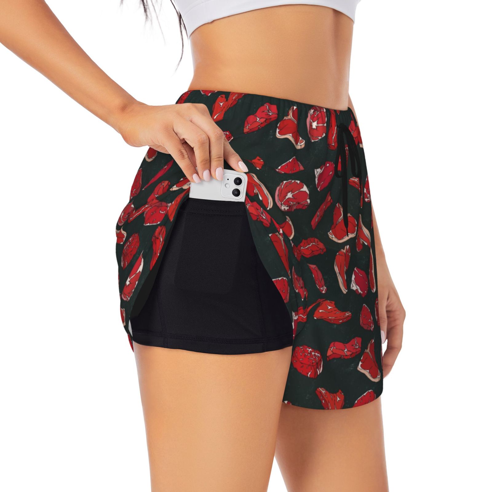 Fuzoiu Beef3 Print Women's Athletic Shorts, Double-Layer Running Shorts ...