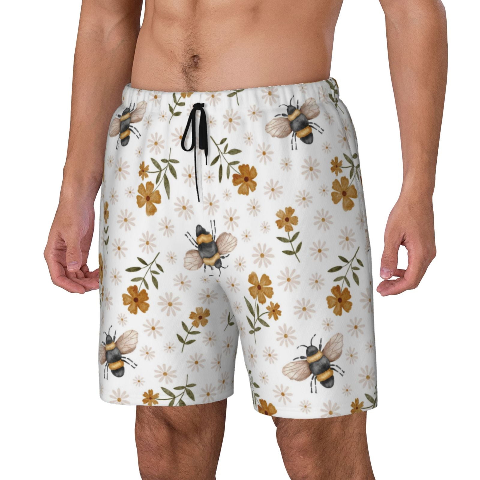 Fuzoiu Bees And Flowers Print Men's Swim Shorts,Quick-Dry Double-Layer ...