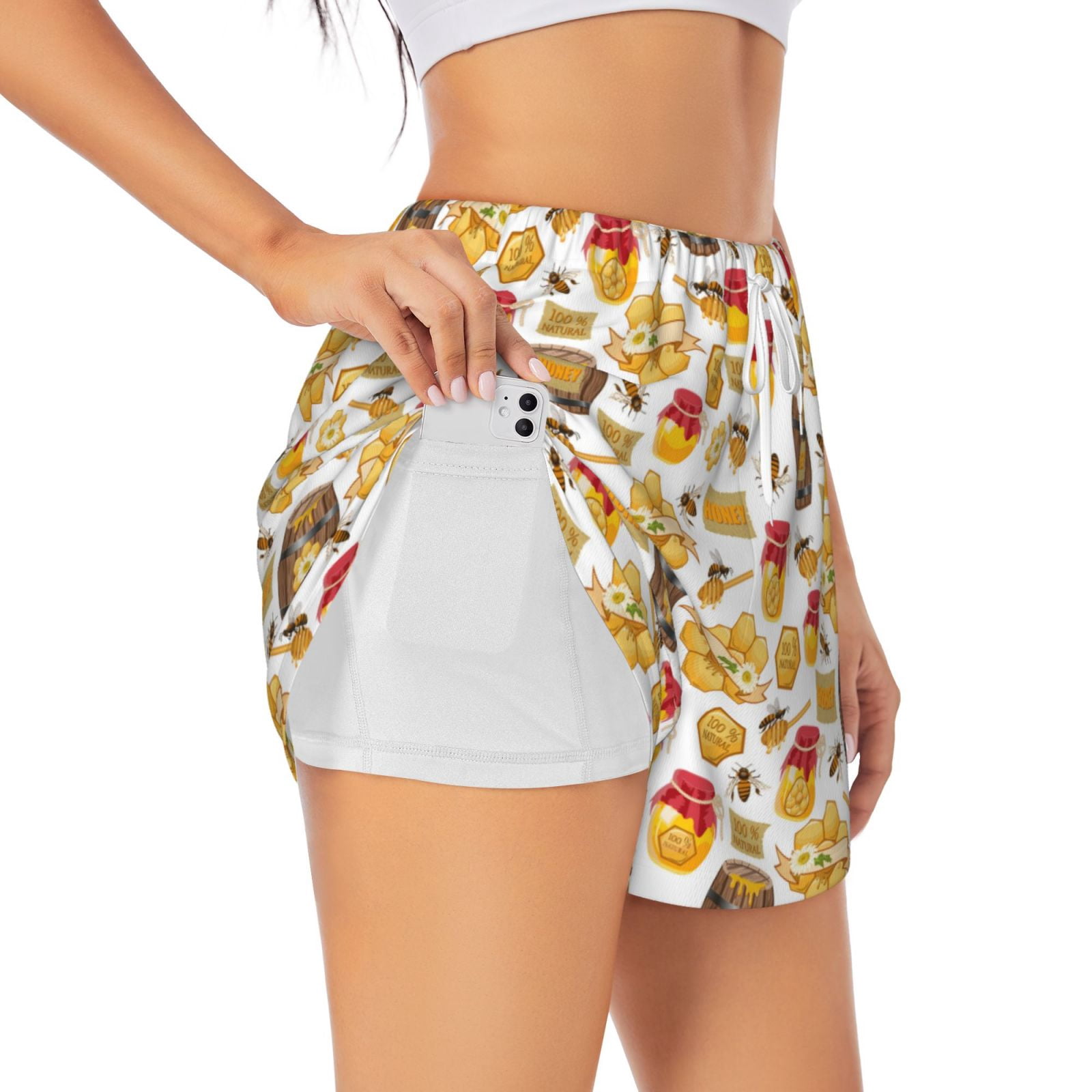 Fuzoiu Bees And Honey Print Women's Athletic Shorts, Double-Layer ...