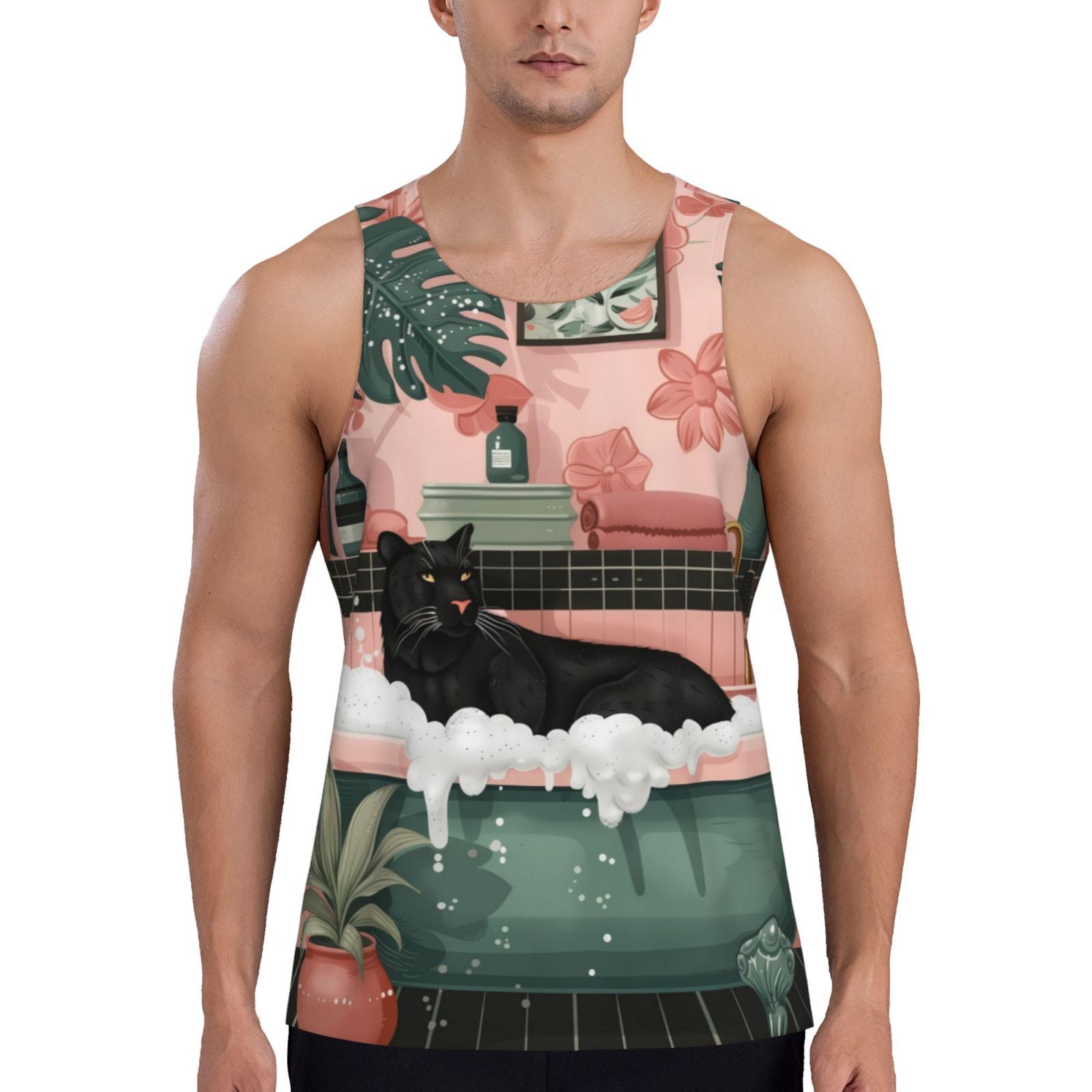 Fuzoiu Black Cat Pink Bathroom Print Men's Workout Tank Tops,Sleeveless ...