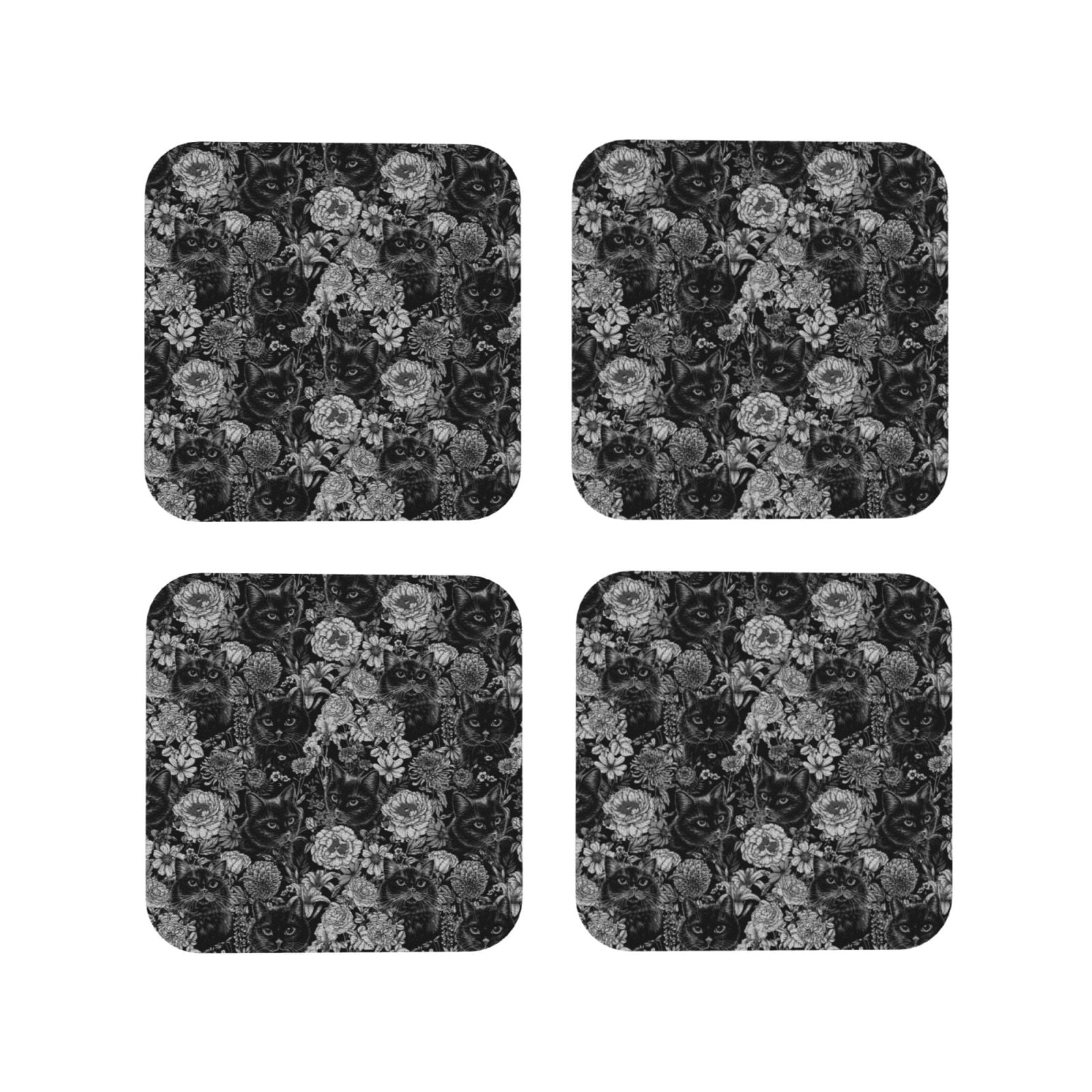 Fuzoiu Black Cats In A Garden Print Leather Coasters Set,Drink Coasters ...