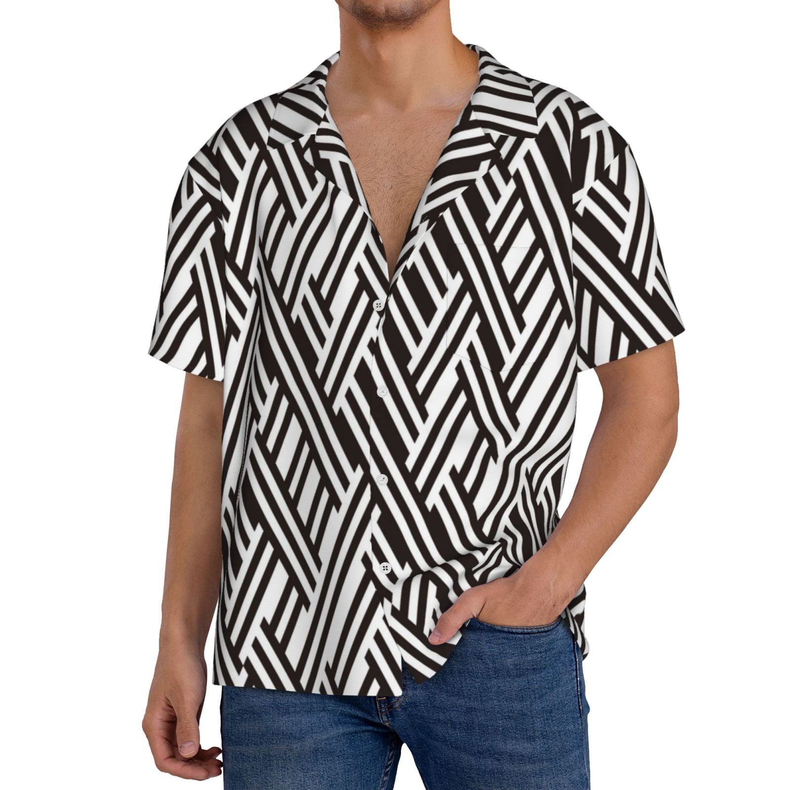Fuzoiu Black White Stripes Print Men's Casual Short,Men's Short Sleeve ...