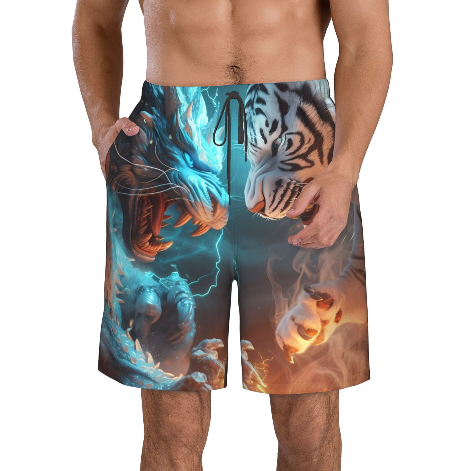 Fuzoiu Blue Dragon And White Tiger Print Men's Beach Shorts,Men's Swim ...
