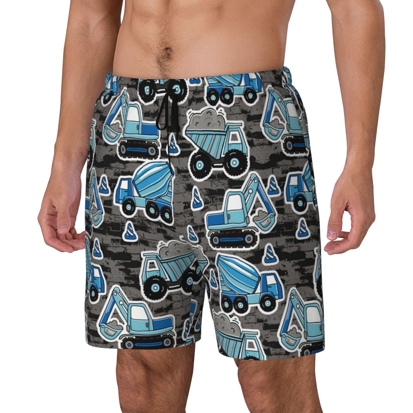 Fuzoiu Blue Excavator Print Men's Swim Shorts,Quick-Dry Double-Layer ...