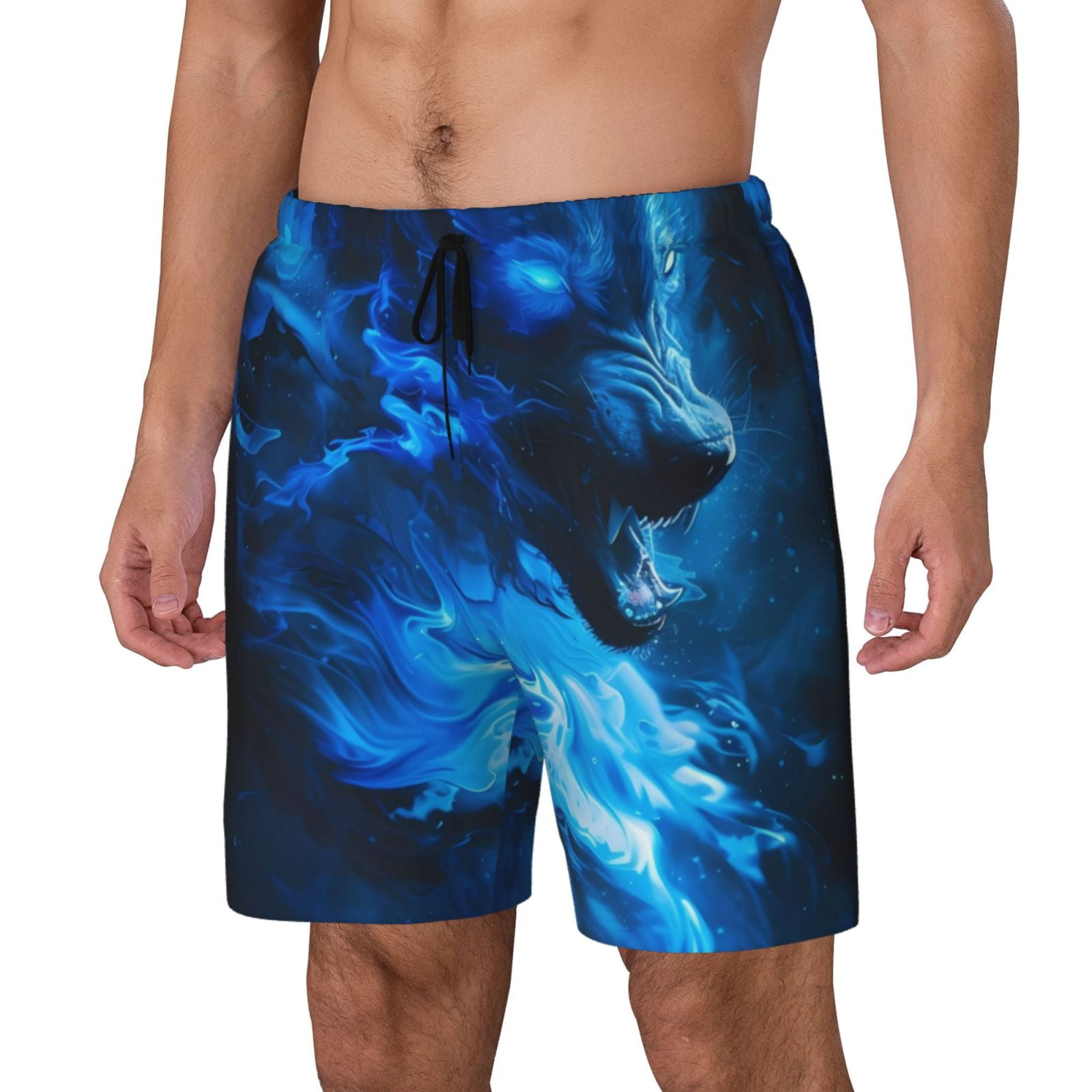 Fuzoiu Blue Fire Cool Wolf Print Men's Swim Shorts,Quick-Dry Double ...