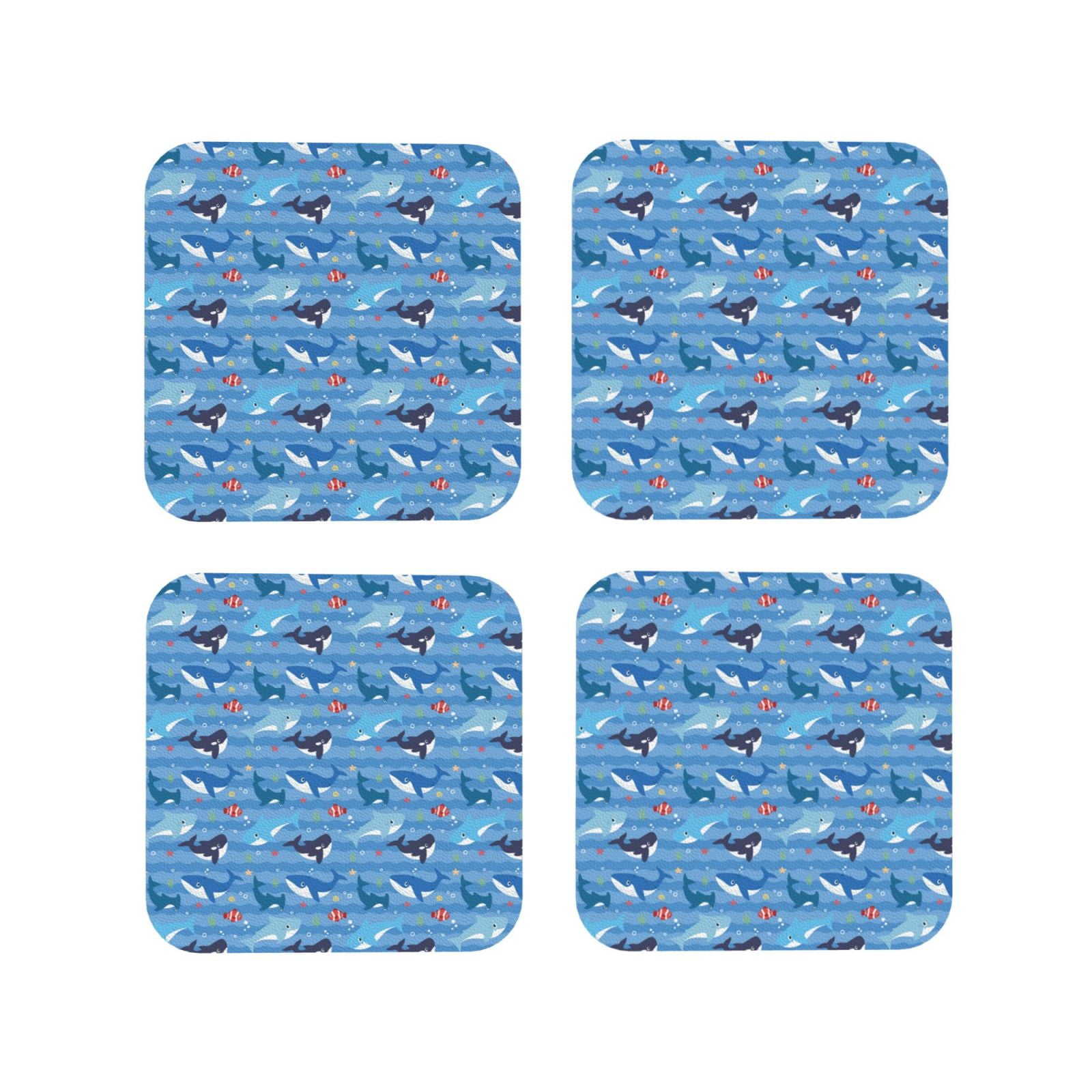 Fuzoiu Blue Fish Print Leather Coasters Set,Drink Coasters Set of 4,for ...