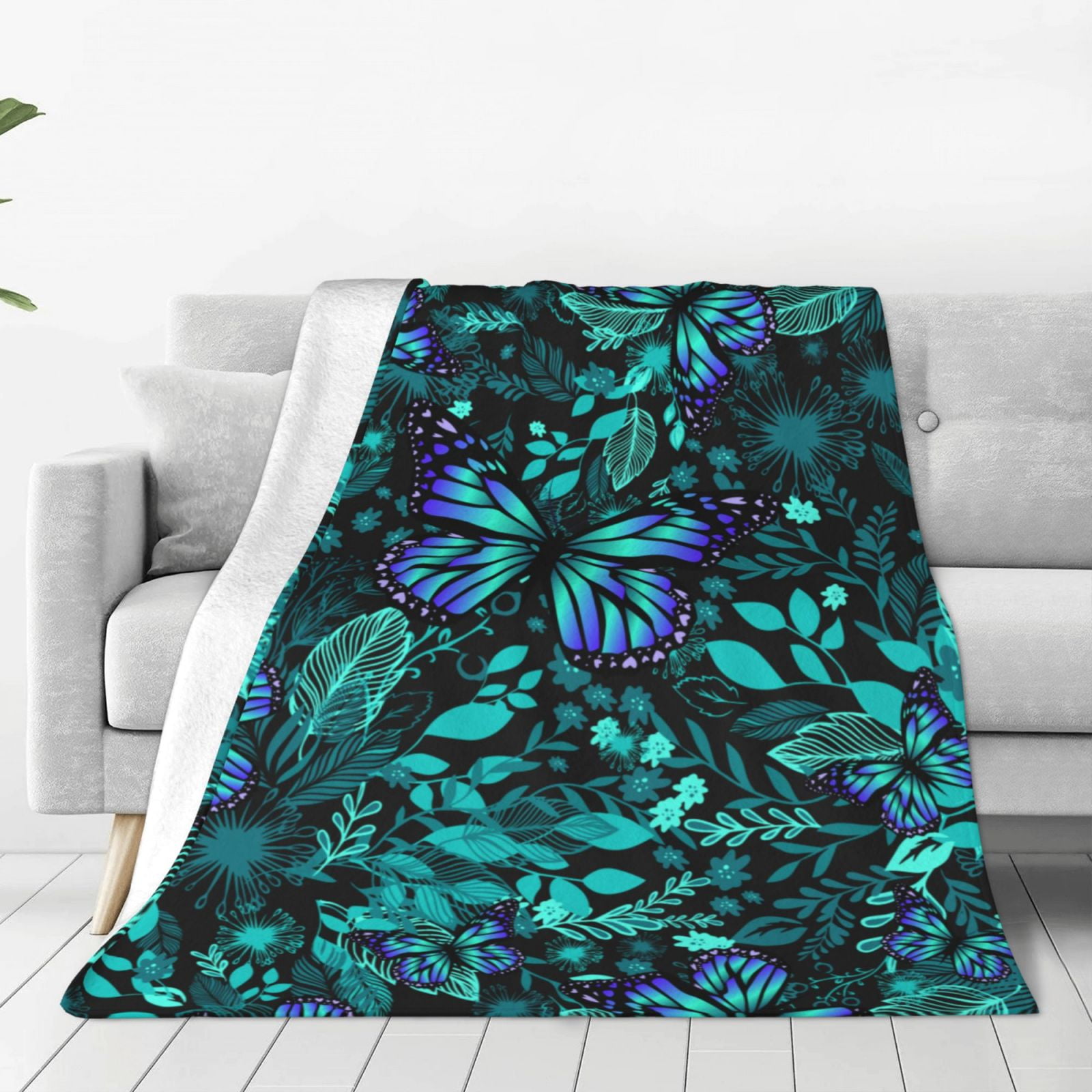 Fuzoiu Blue Floral with Butterflies Print Ultra-Soft Micro Fleece ...