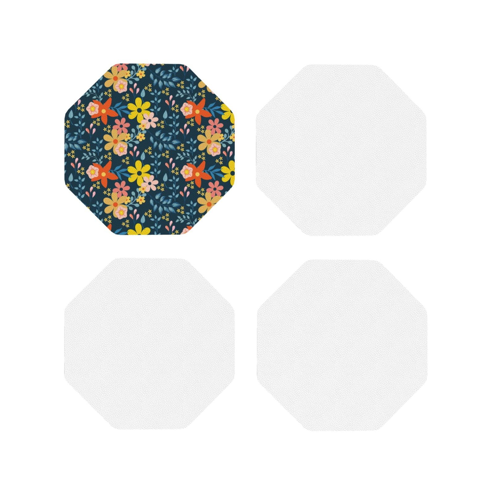 Fuzoiu Blue Floral Print Leather Coasters Set,Drink Coasters Set of 4 ...