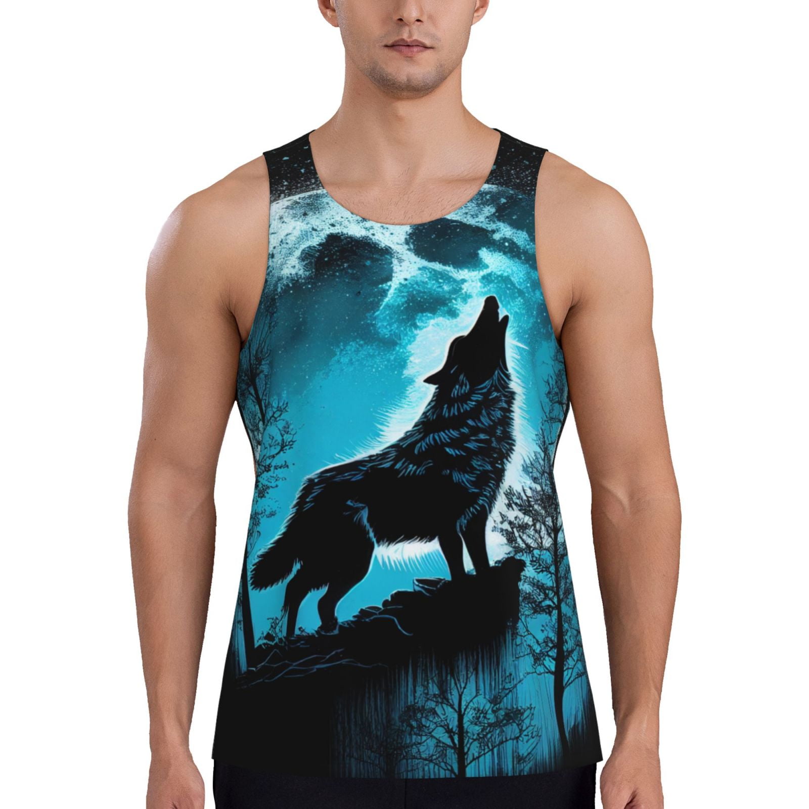 Fuzoiu Blue Full Moon Wolf Print Men's Workout Tank Tops,Sleeveless Gym ...