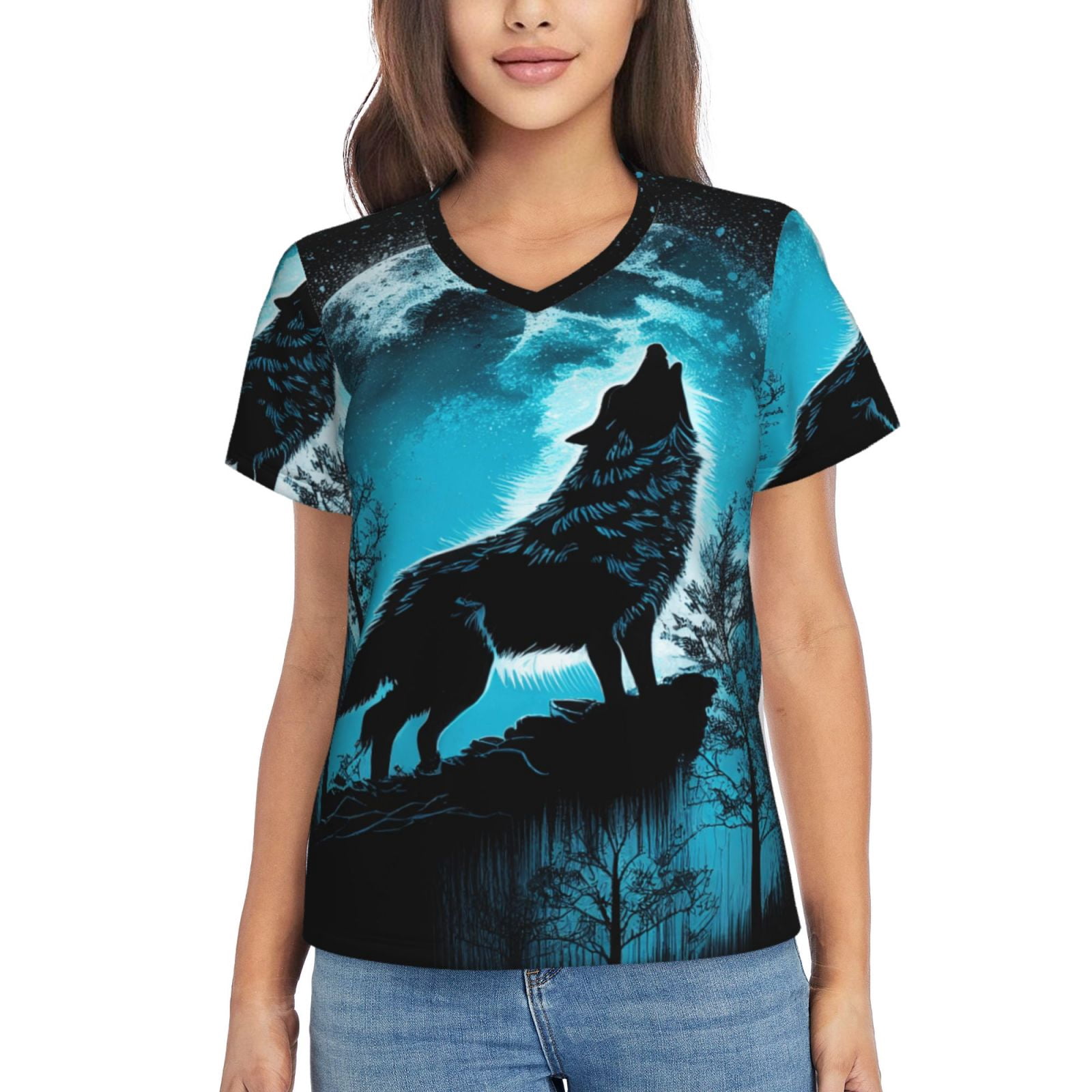 Fuzoiu Blue Full Moon Wolf Print Women's Classic V-Neck T-Shirt, Short ...