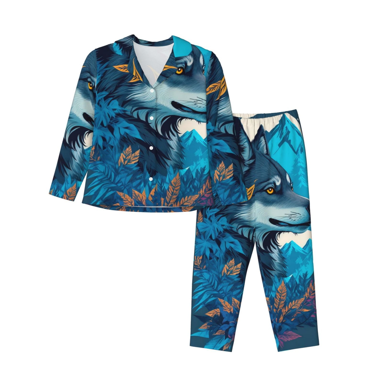 Fuzoiu Blue Iceberg Leaf Wolf Print Women's Long-Sleeved Pajama,Lounge ...