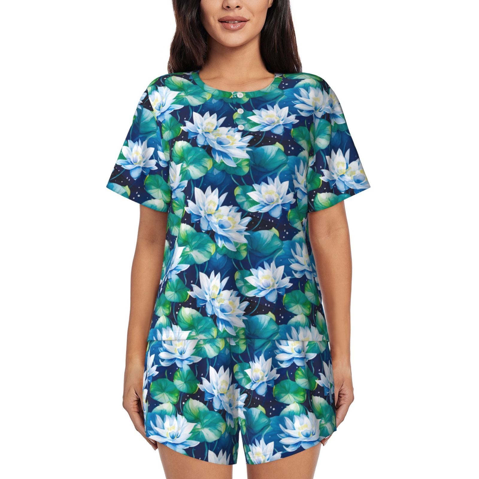 Fuzoiu Blue Lotus Flower Print Women's Short-Sleeved Pajama Set,Lounge ...