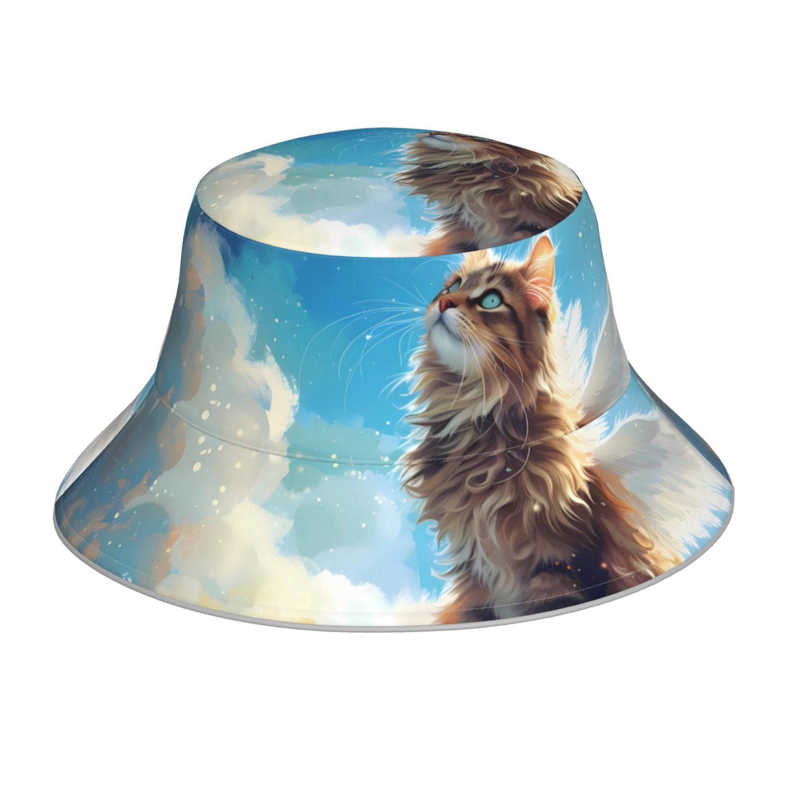Fuzoiu Blue Sky Winged Cat Print Reflective Bucket Hat,Outdoor Hat for ...