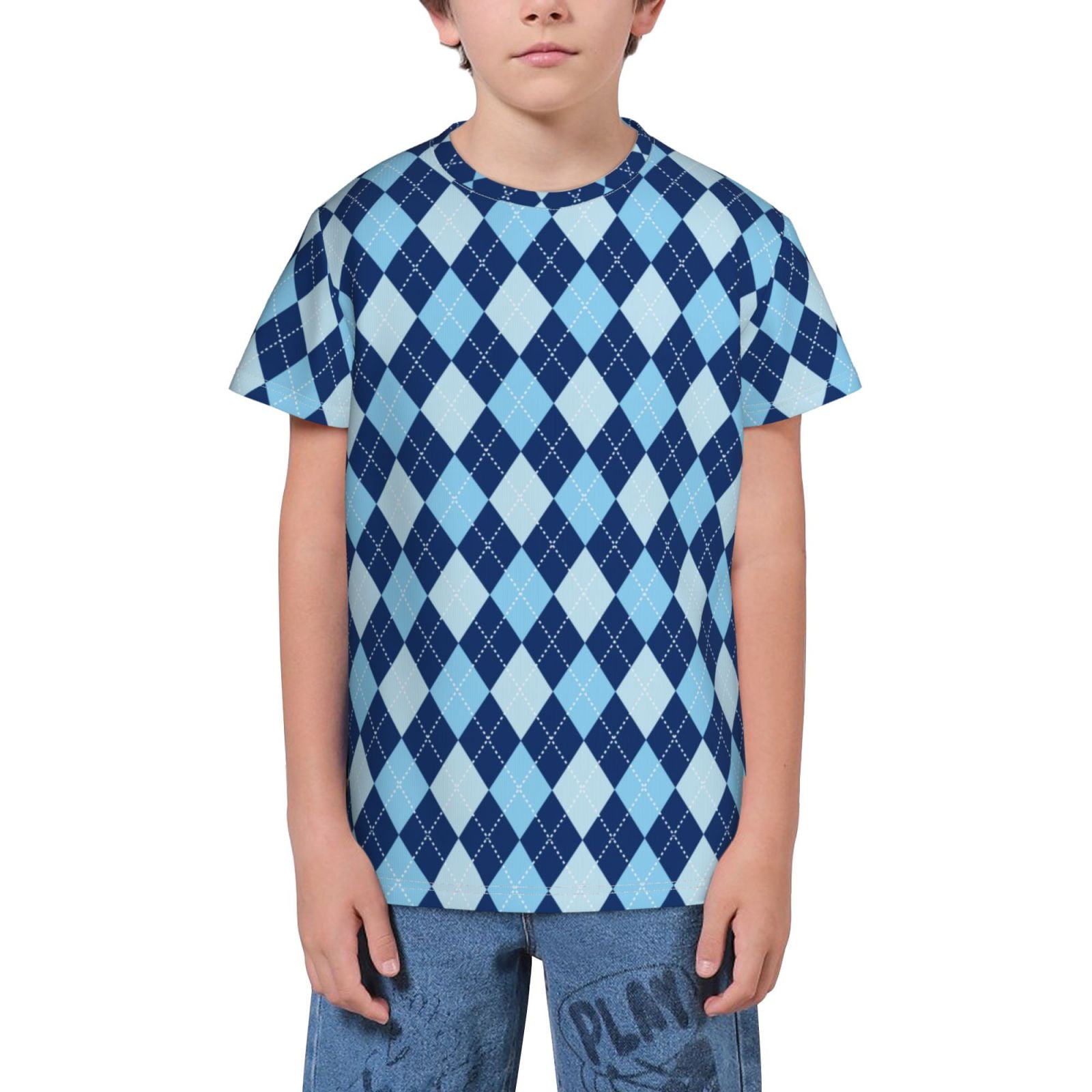 Fuzoiu Blue Squares Print Youth Short Sleeve T-Shirt,Youth Dry-Fit Active Athletic T-Shirt,Short ...