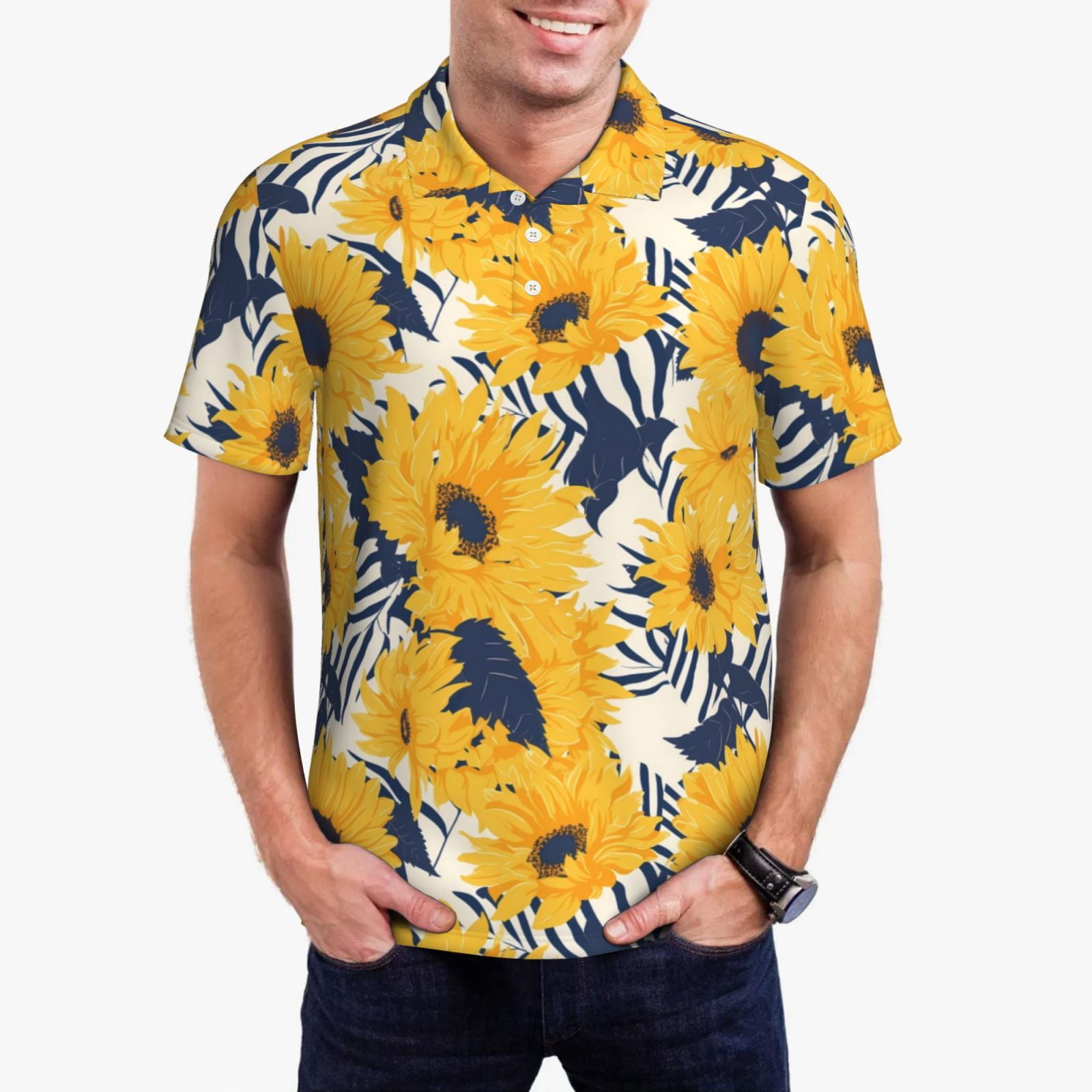 Fuzoiu Blue Striped Sunflower Print Men's Polo Shirts Short Sleeve,Golf ...