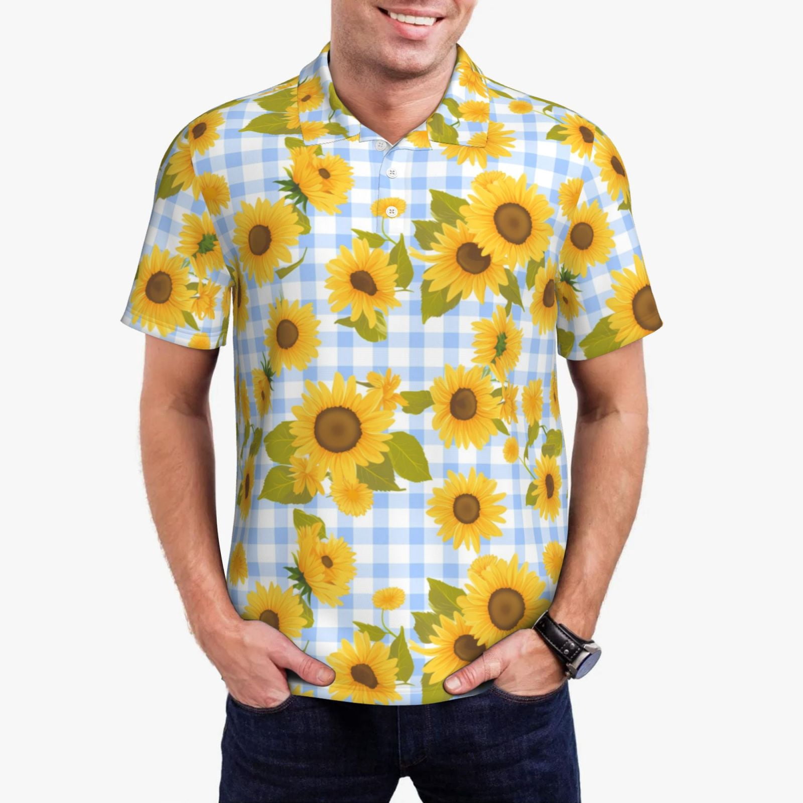 Fuzoiu Blue White Plaid Sunflower Print Men's Polo Shirts Short Sleeve ...