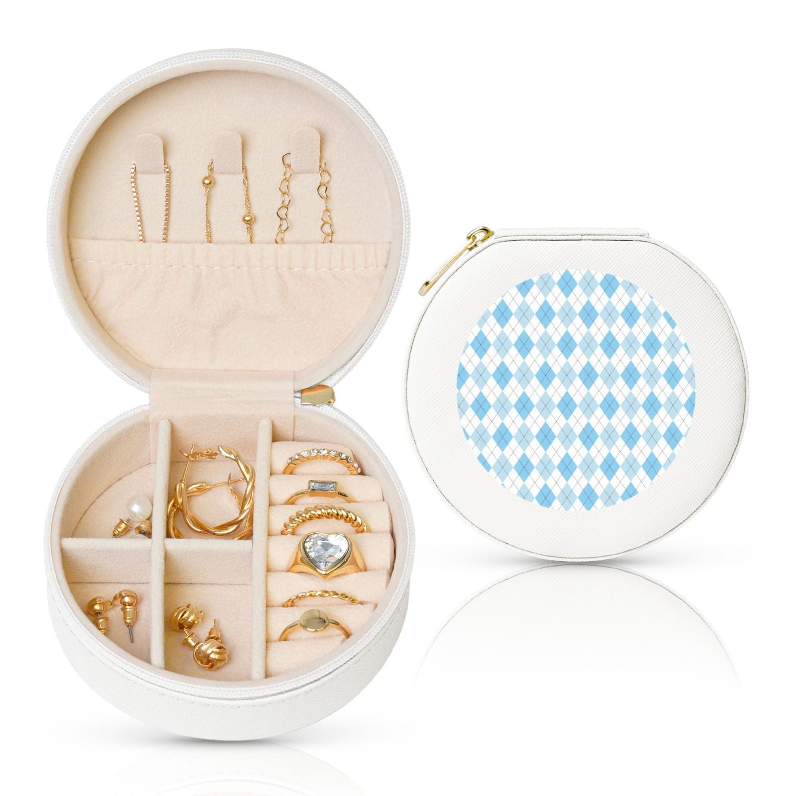 Fuzoiu Blue and White Squares Print Portable Jewelry Box,Round Mini ...