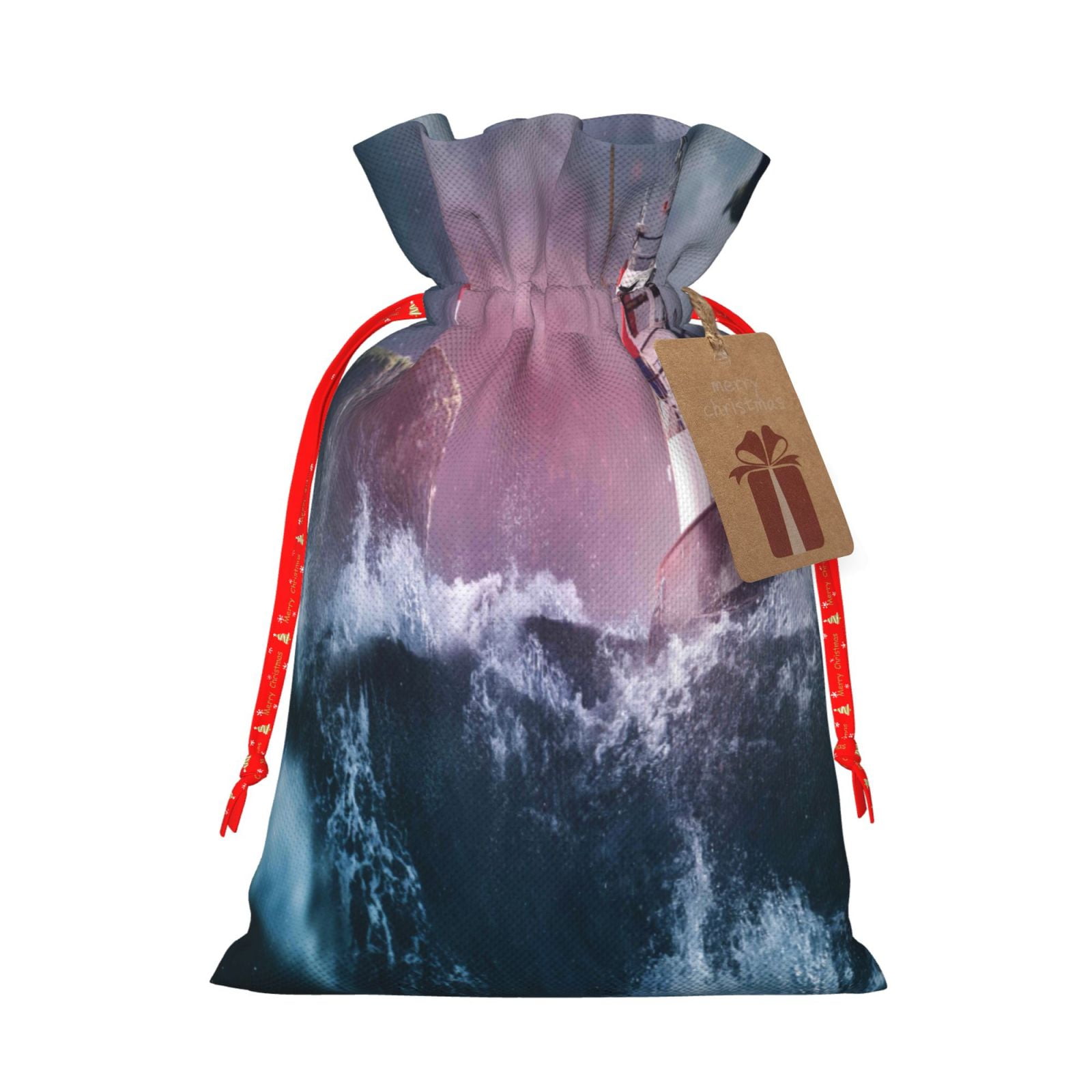 Fuzoiu Boat Lighthouse Storm Waves Print Christmas Gift Bag,Burlap Gift ...