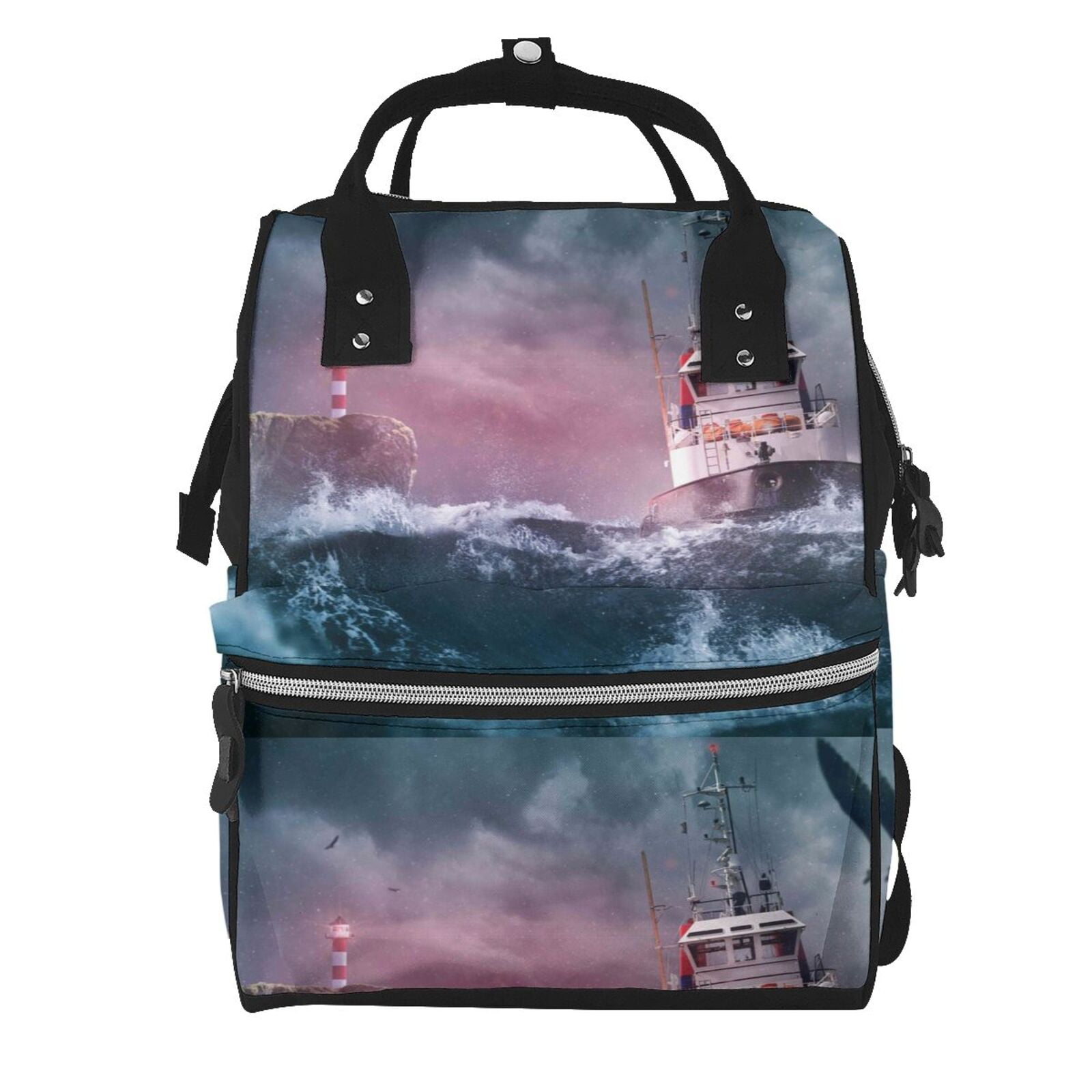 Fuzoiu Boat Lighthouse Storm Waves Print Diaper Bag Backpack,Baby ...