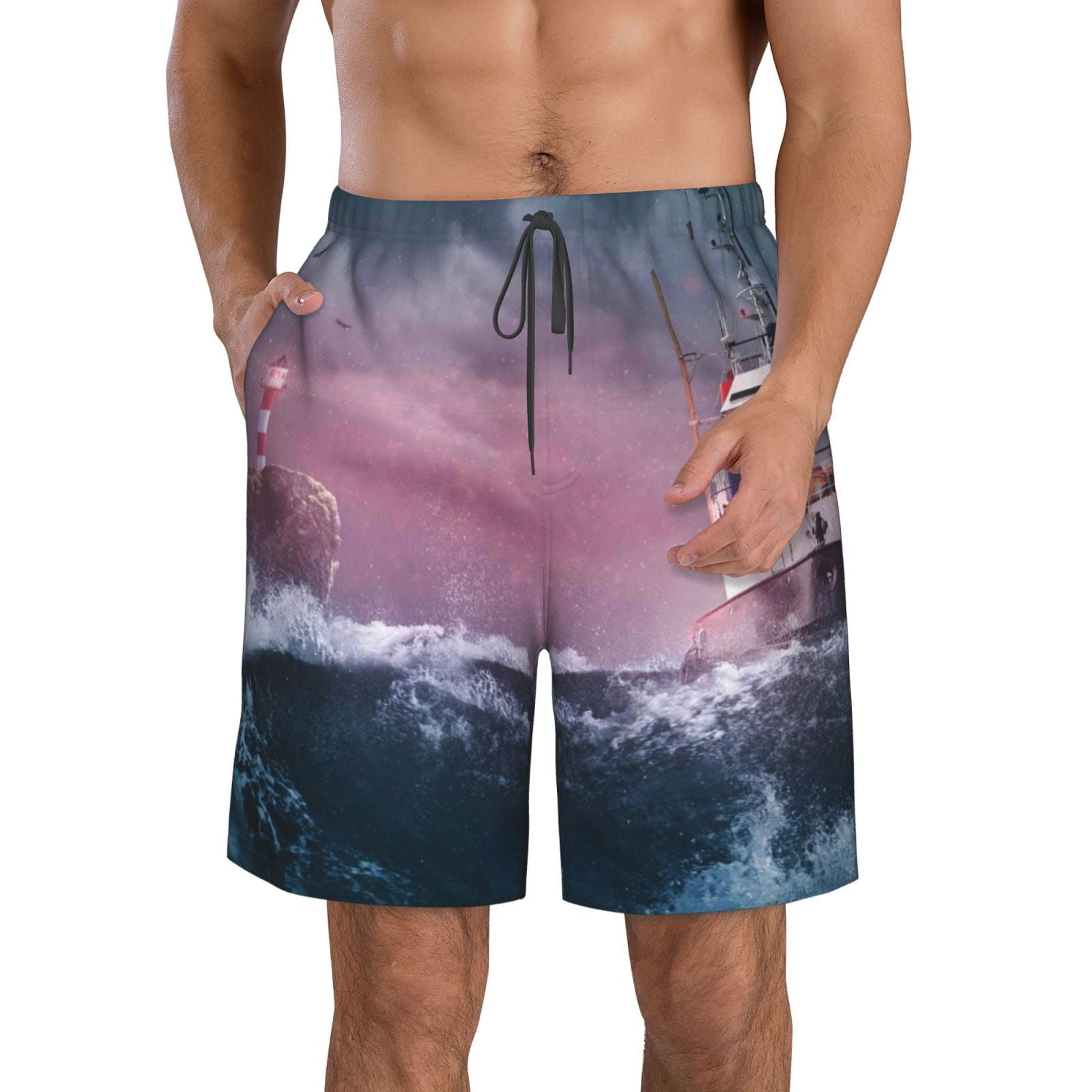 Fuzoiu Boat Lighthouse Storm Waves Print Men's Beach Shorts,Men's Swim ...