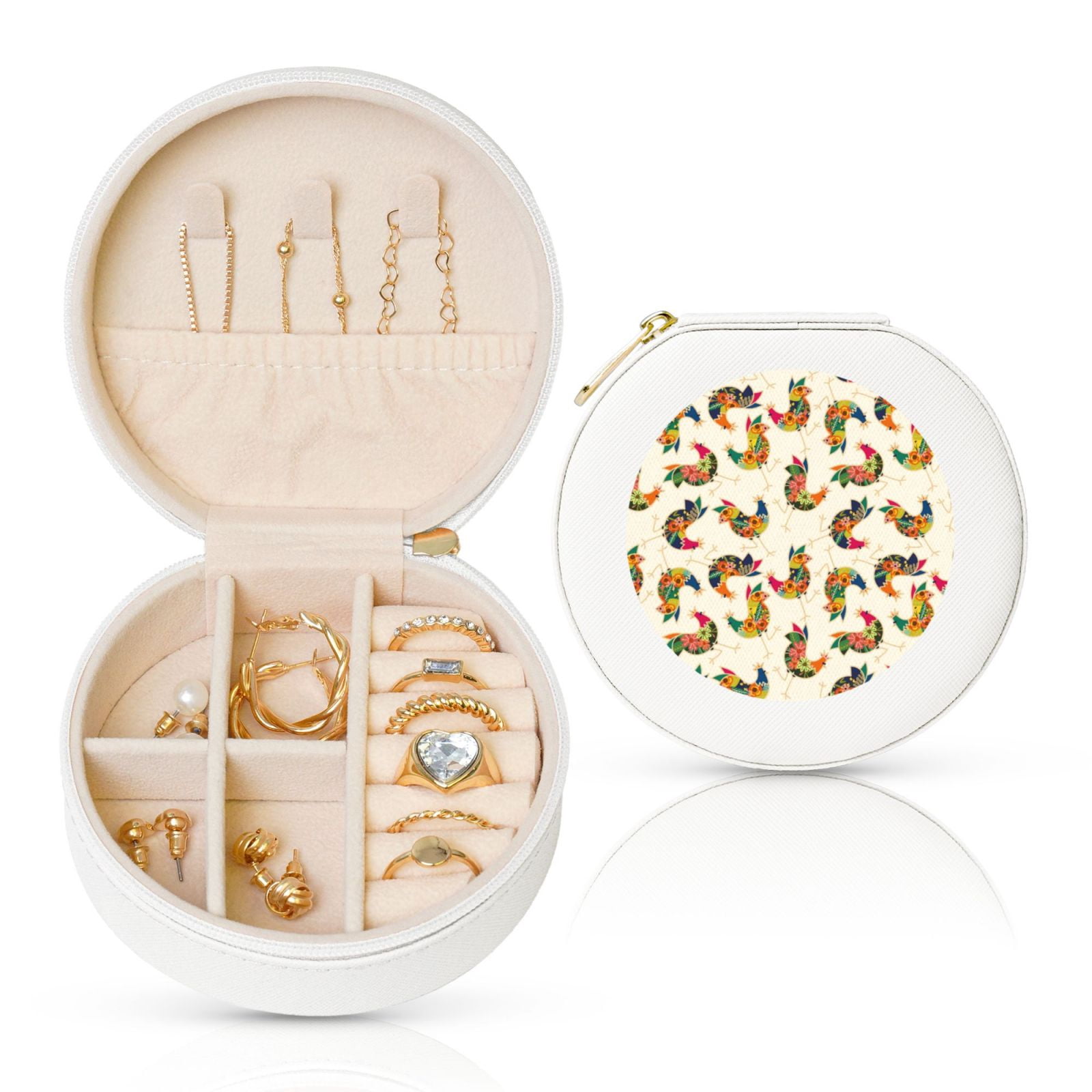 Fuzoiu Boho Chicken Print Portable Jewelry Box,Round Mini Leather ...