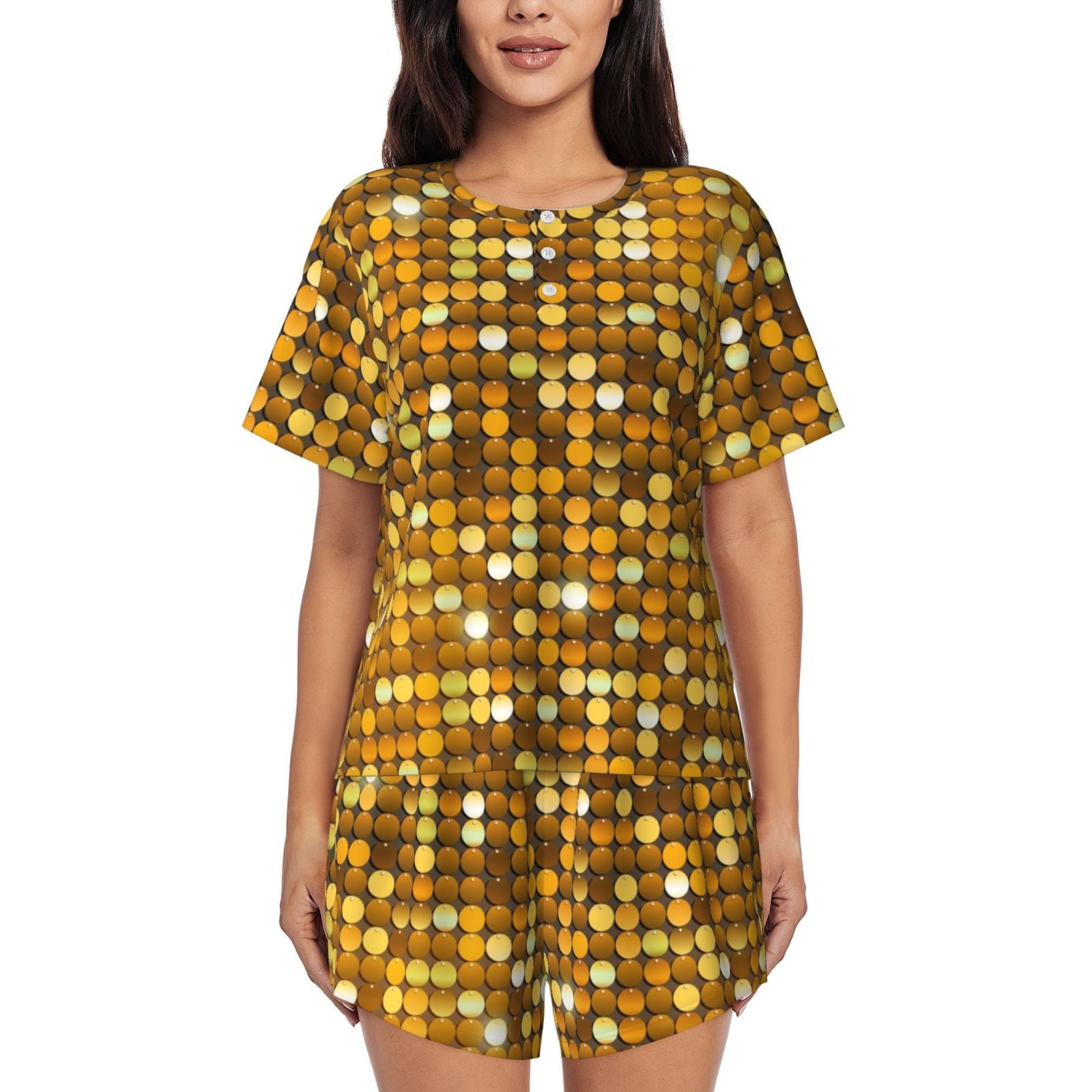 Fuzoiu Bright Shiny Golden Print Women's Short-Sleeved Pajama Set ...