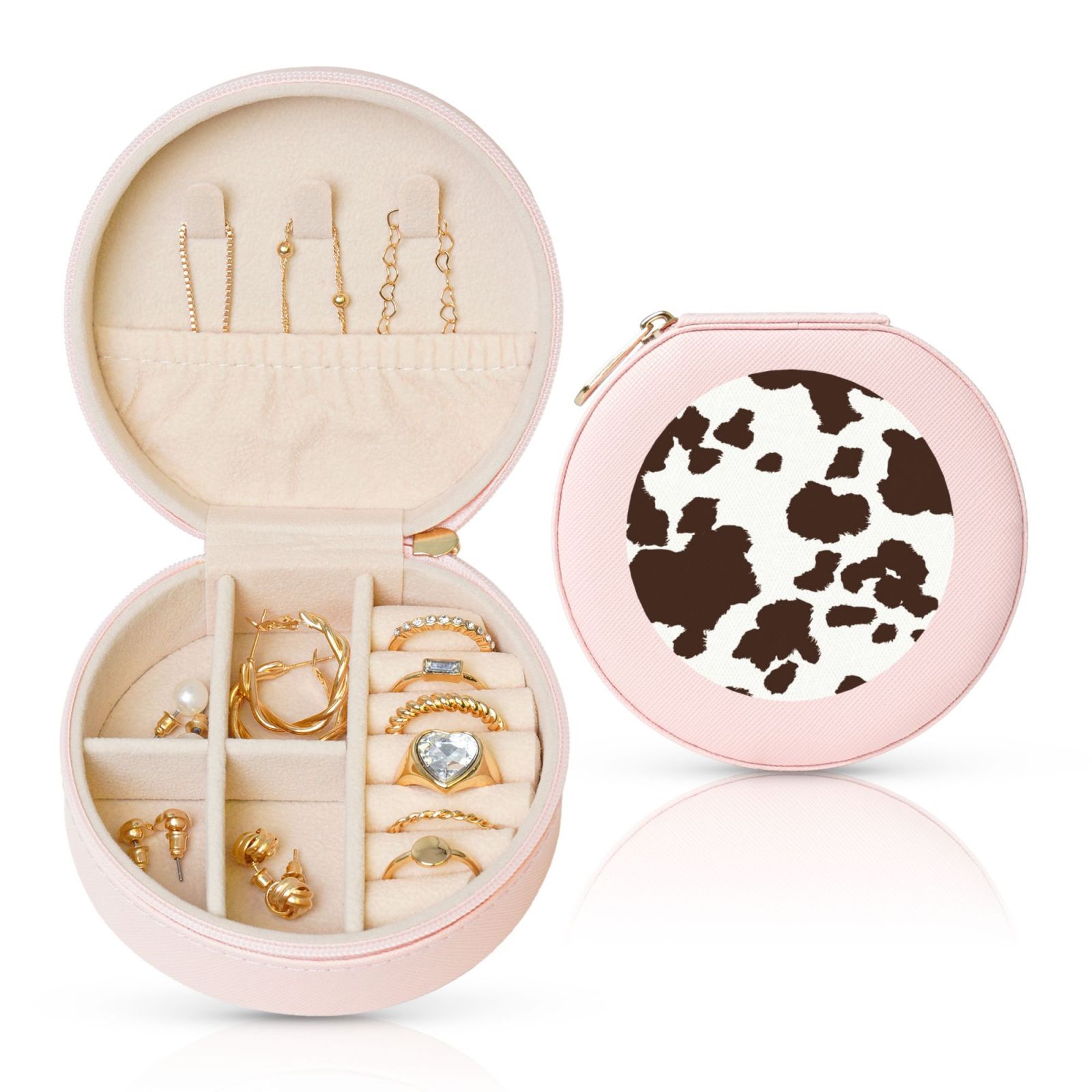 Fuzoiu Brown Cow Print Portable Jewelry Box,Round Mini Leather Travel ...