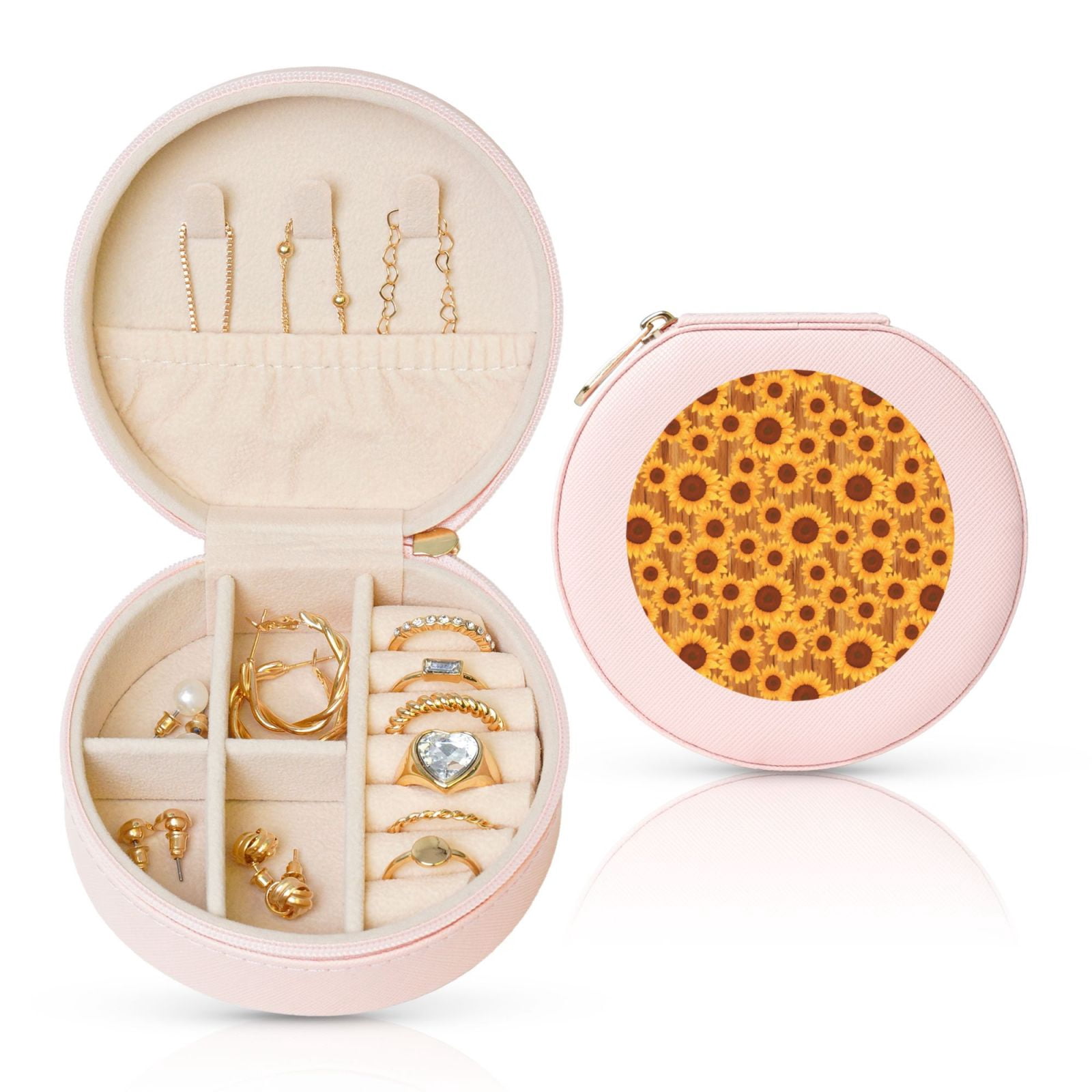 Fuzoiu Brown Wood Grain Sunflower A Print Portable Jewelry Box,Round ...