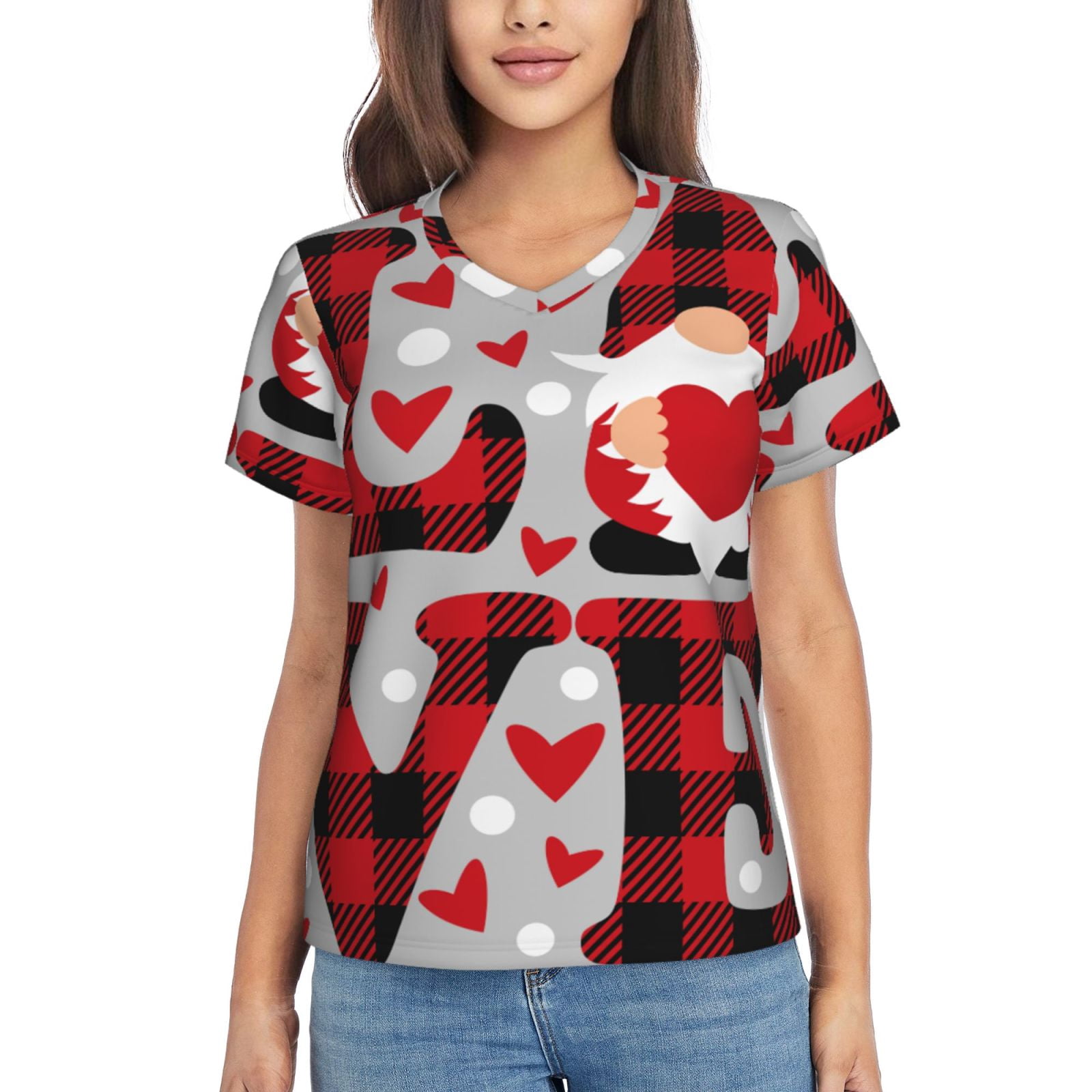 Fuzoiu Buffalo Plaid Love And Gnome Print Women's Classic V-Neck T ...
