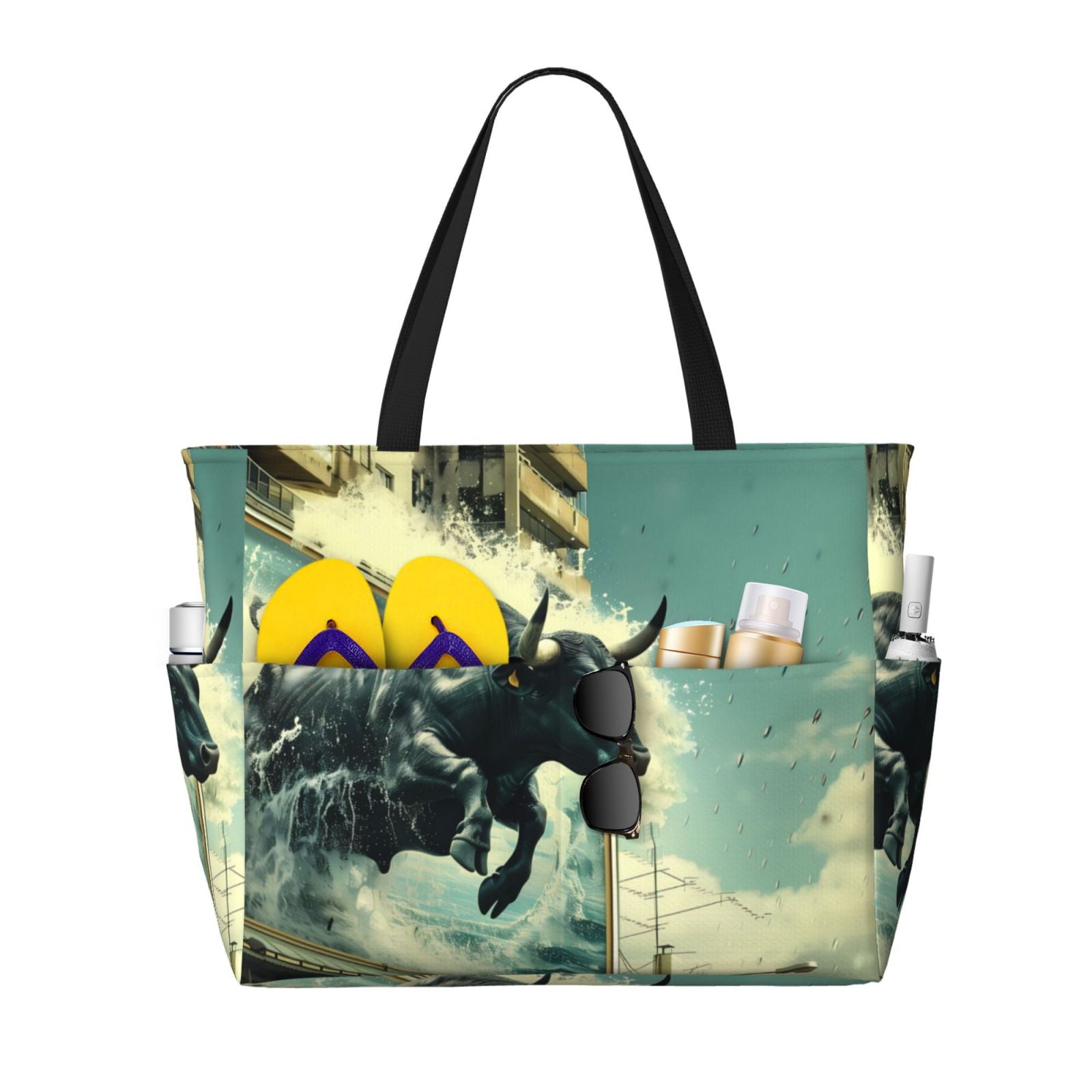 Fuzoiu Bull Charging Through Waves Print Waterproof Beach Tote Bag for ...