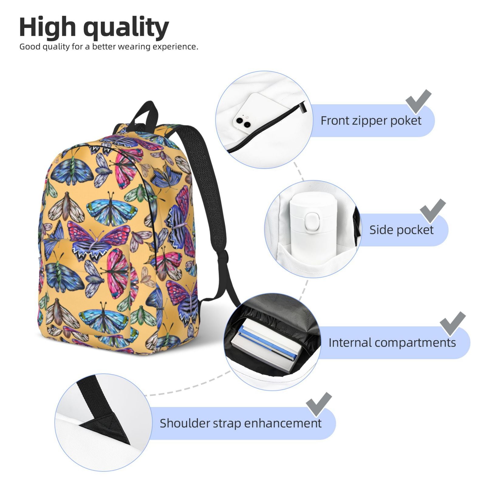 Fuzoiu Butterfly 3 Print Canvas Backpack,Lightweight Travel Daypack ...