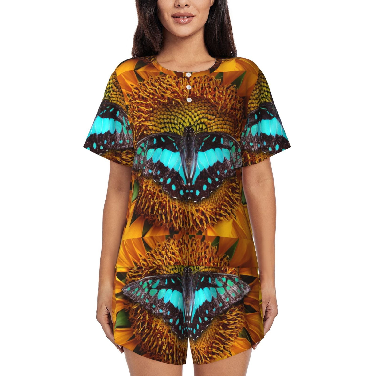 Fuzoiu Butterfly Alighted On Sunflowers Print Women's Short-Sleeved ...
