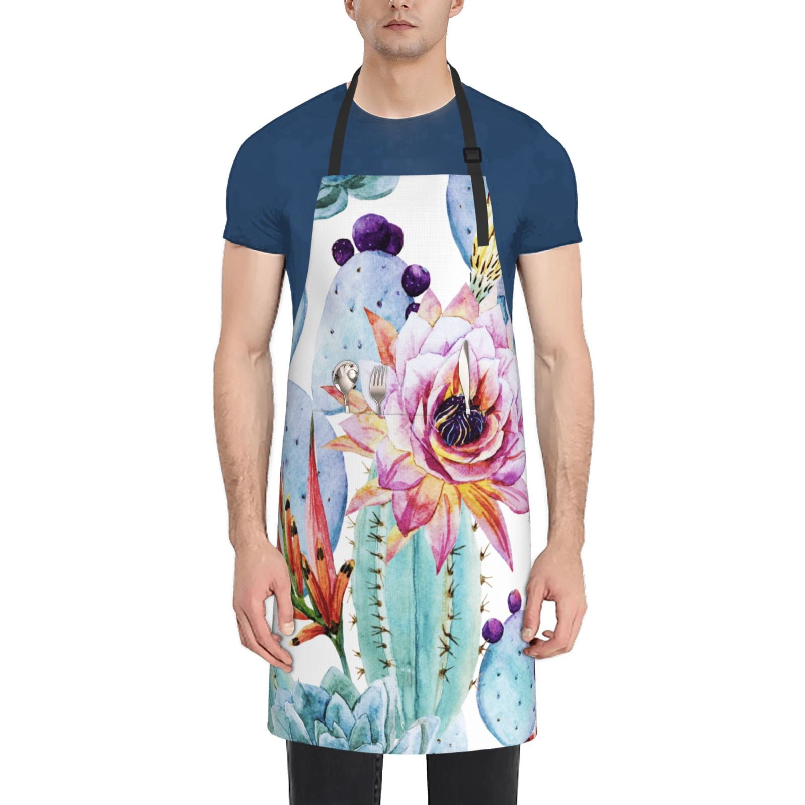 Fuzoiu Cactus Print Adjustable Waterproof Apron with Pockets,Waterproof ...
