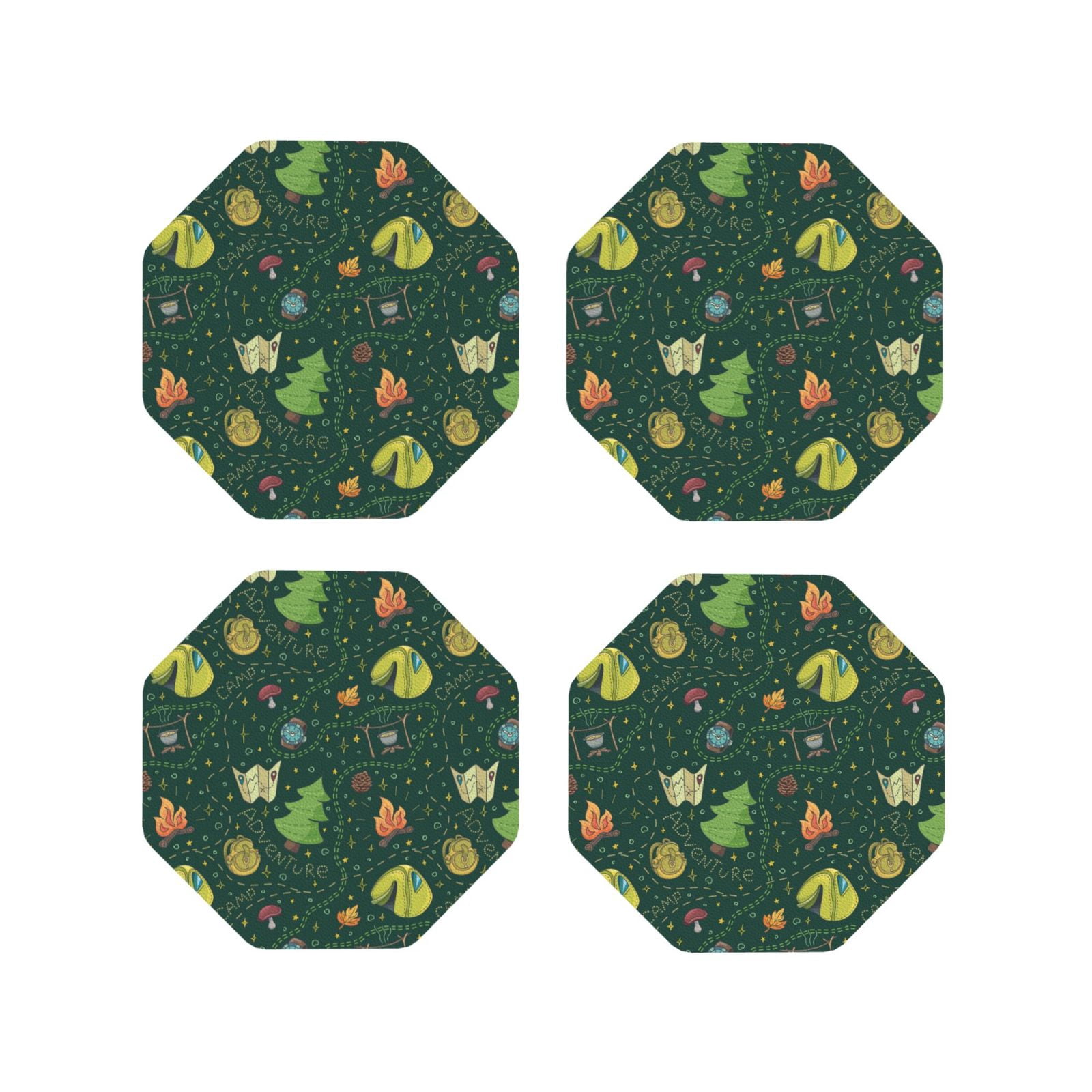 Fuzoiu Camp In The Forest Print Leather Coasters Set,Drink Coasters Set ...