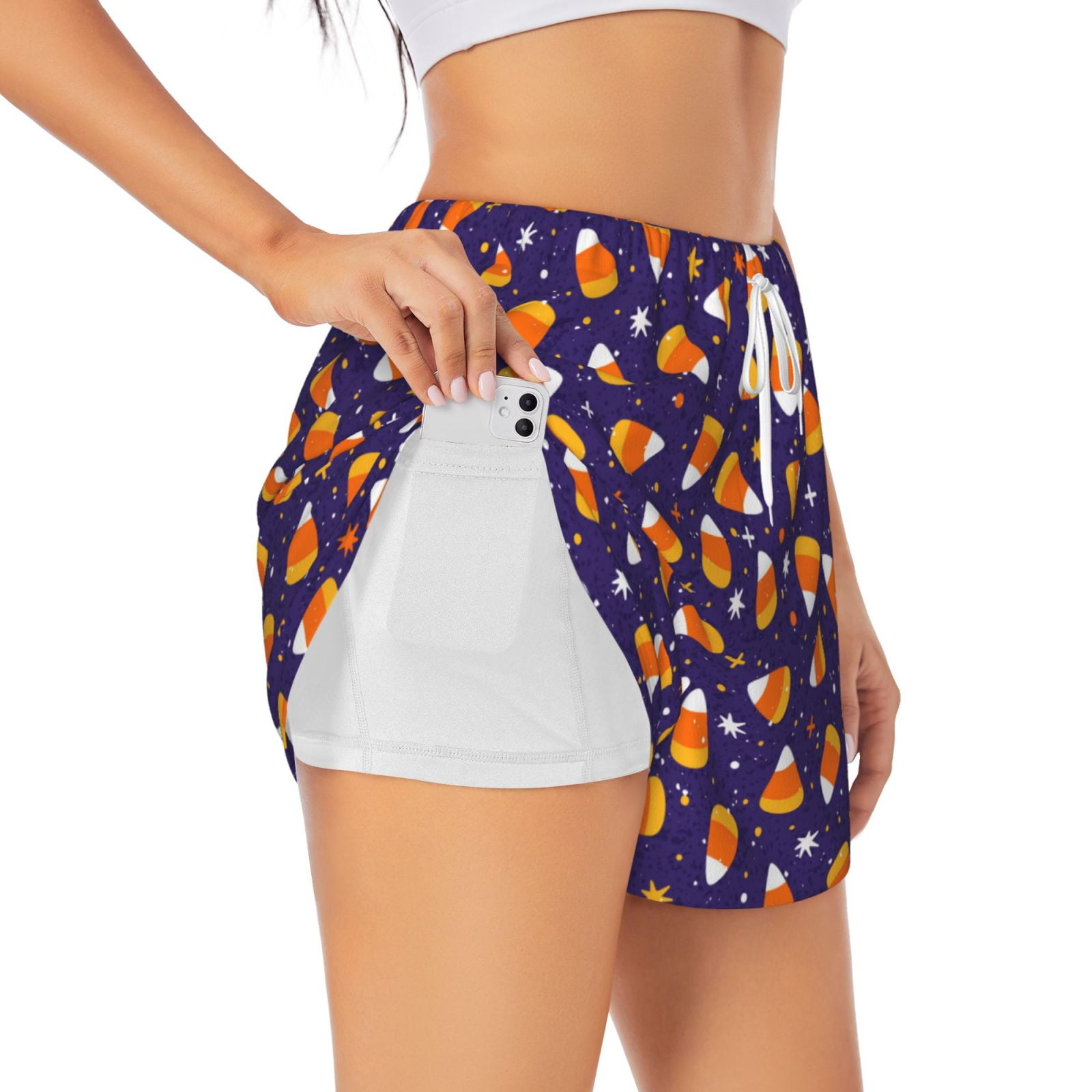 Fuzoiu Candy Corn (2) Print Women's Athletic Shorts, Double-Layer ...