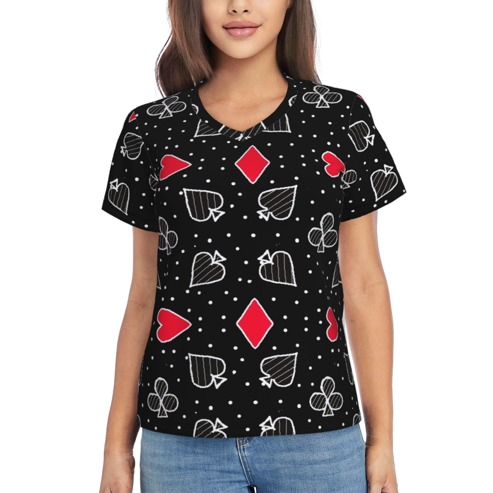 Fuzoiu Card Suits Print Women's Classic V-Neck T-Shirt, Short Sleeve V ...