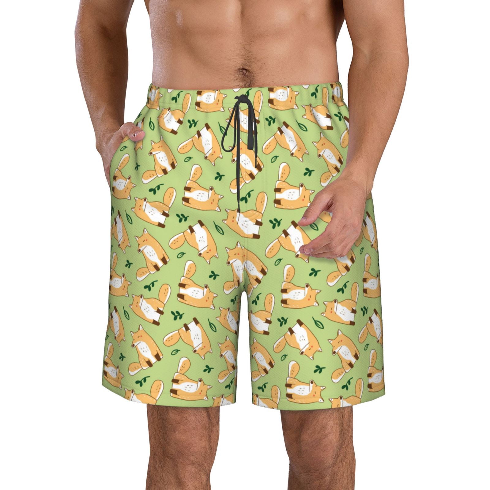 Fuzoiu Cartoon Fox 2 Print Men's Beach Shorts,Men's Swim Trunks,Quick ...