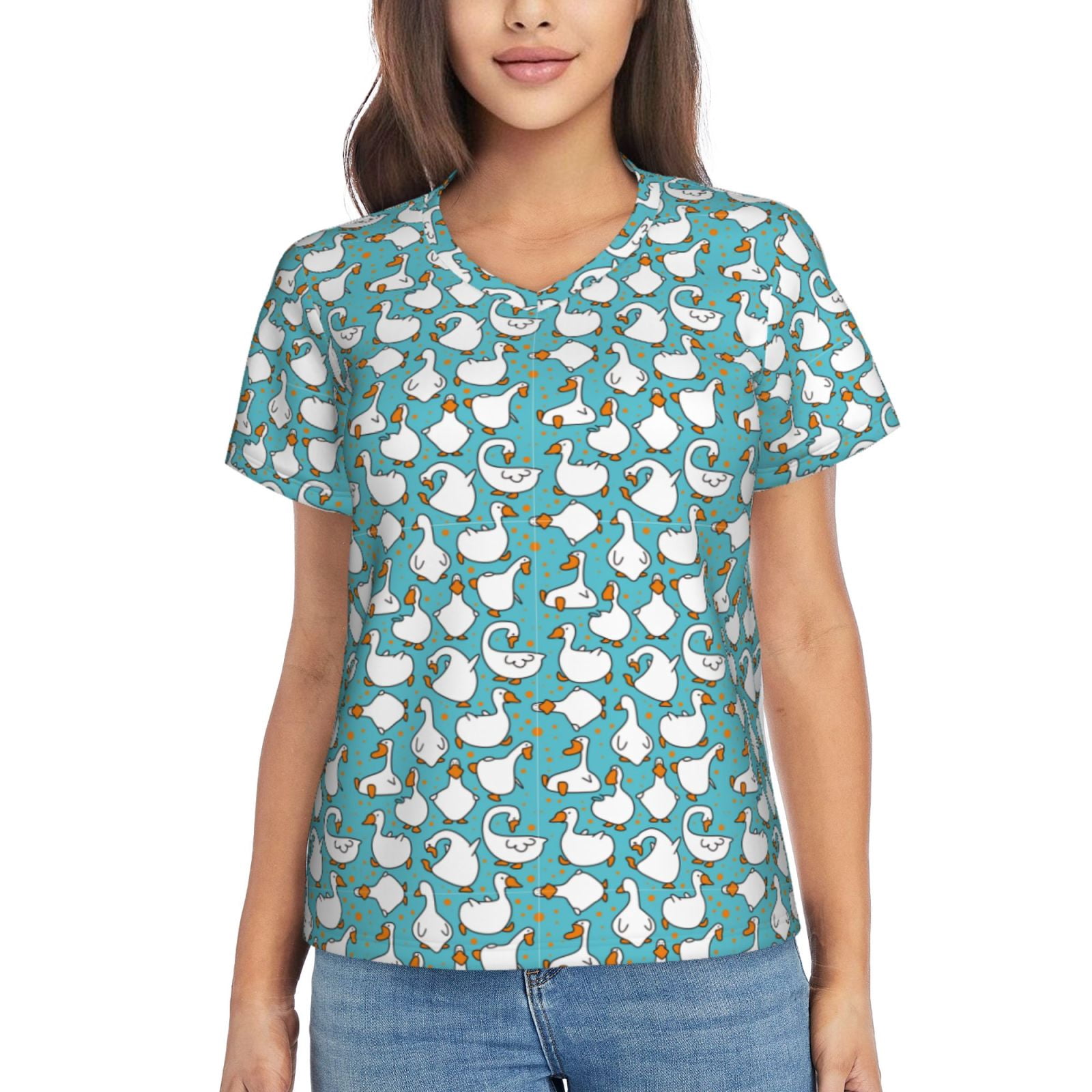 Fuzoiu Cartoon Funny Goose Print Women's Classic V-Neck T-Shirt, Short ...