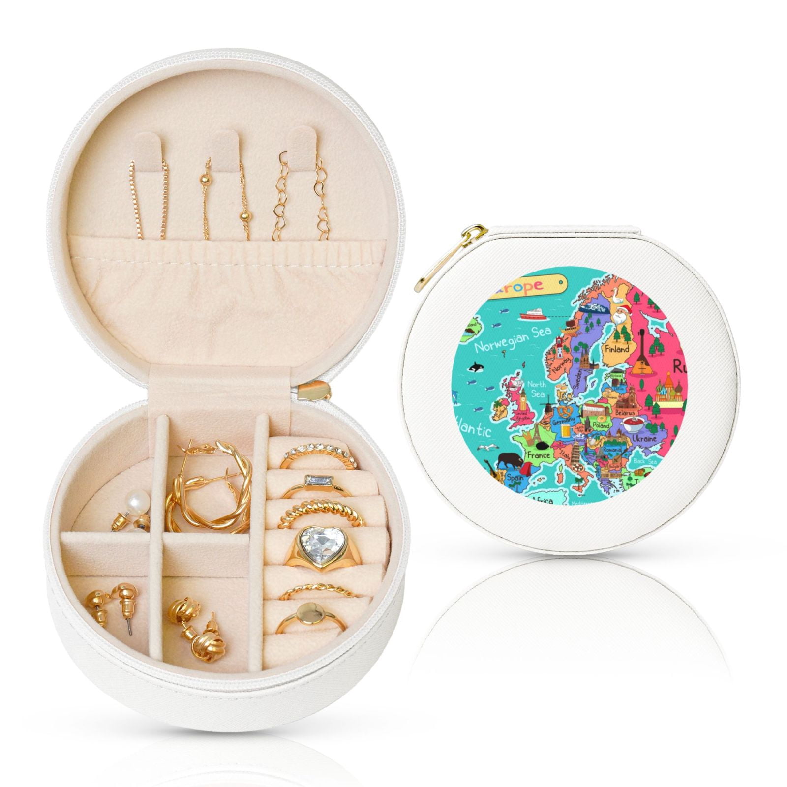 Fuzoiu Cartoon Map Of Europe Print Portable Jewelry Box,Round Mini ...
