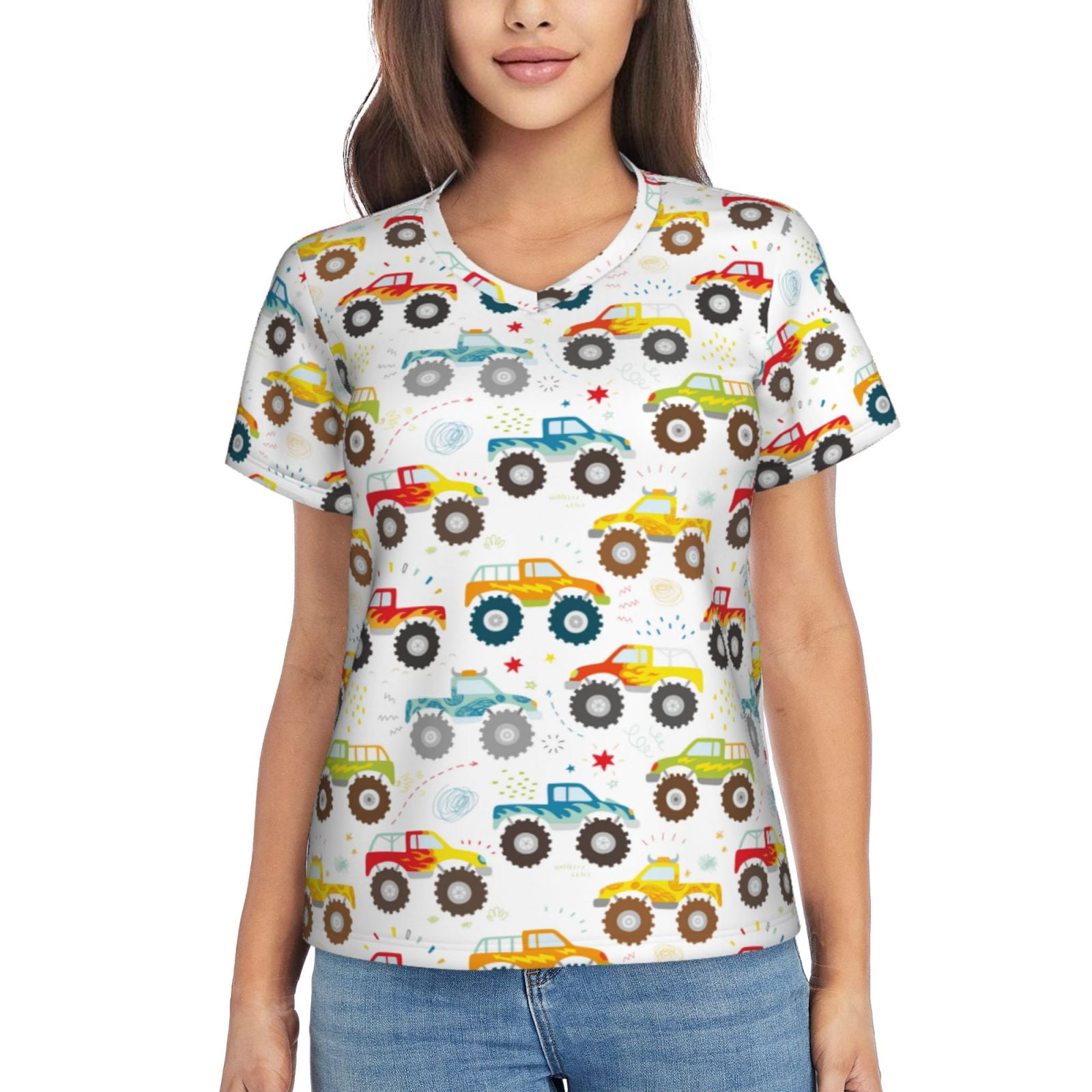Fuzoiu Cartoon Monster Trucks Print Women's Classic V-Neck T-Shirt ...