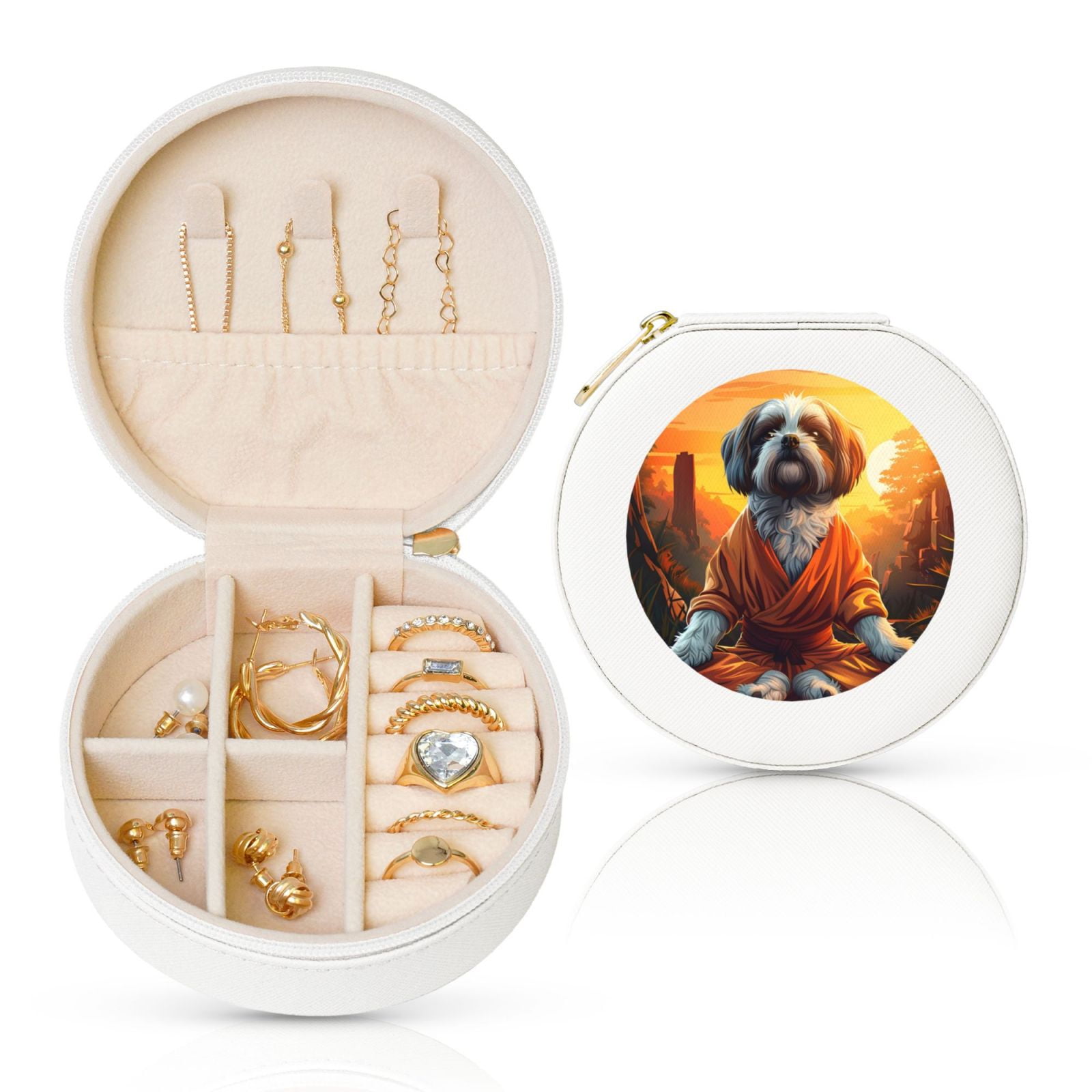 Fuzoiu Cartoon Puppy Sunset Print Portable Jewelry Box,Round Mini ...